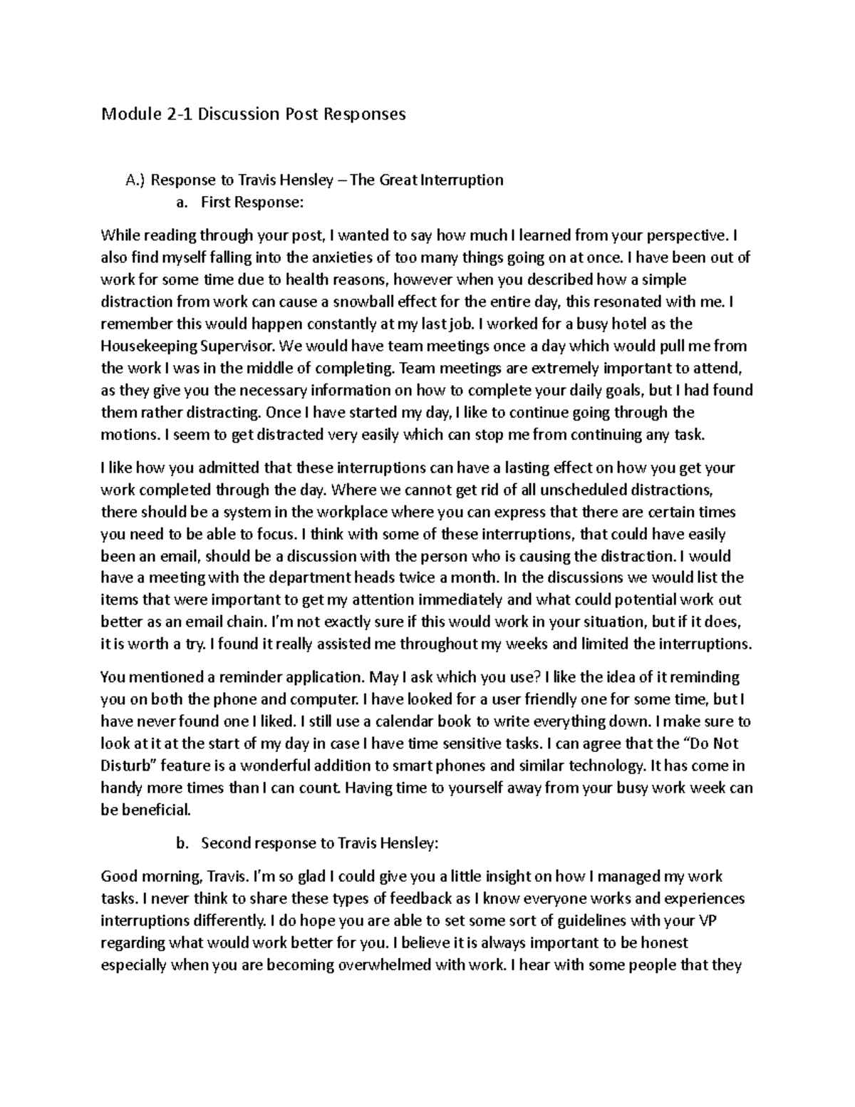 Mod 2 Discussion Post - Module 2-1 Discussion Post Responses A ...