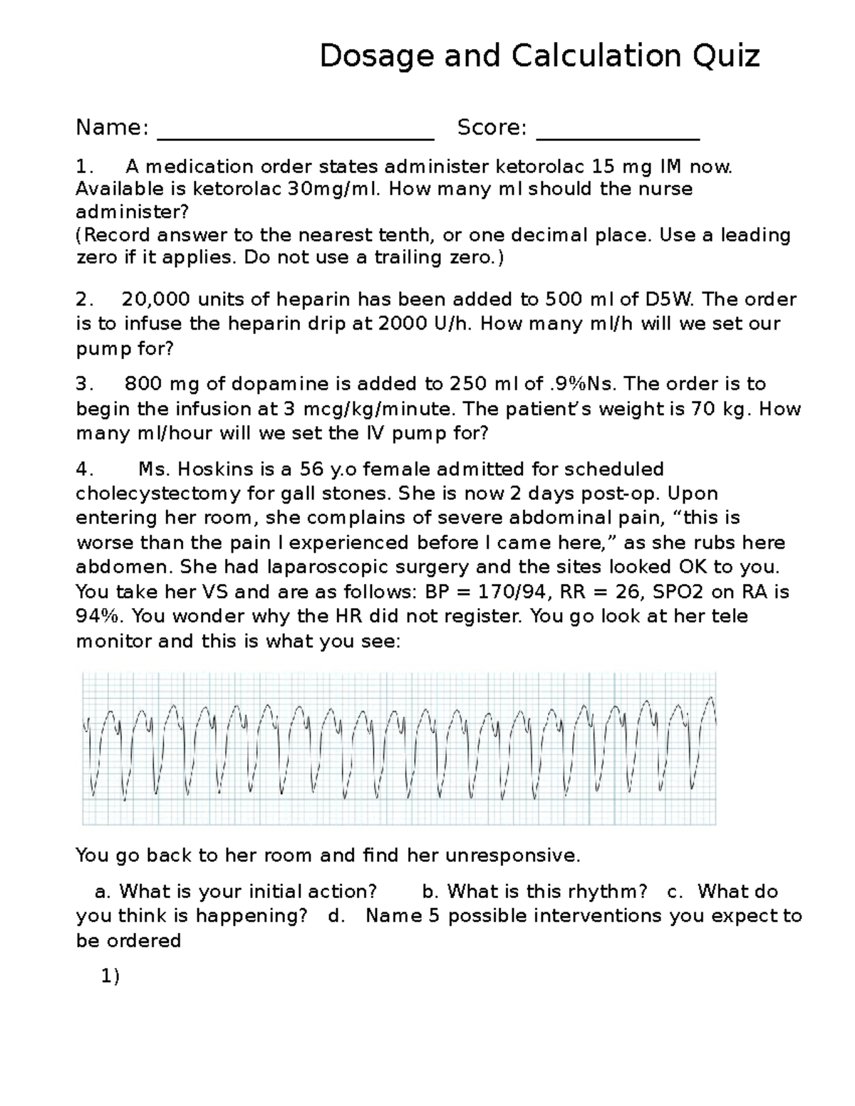 Dosage and Calculation Quiz - Dosage and Calculation Quiz Name ...