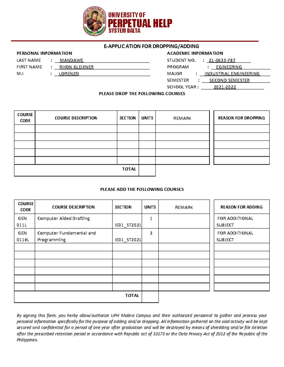 Adding Dropping (E-Form) - E-APPLIC ATION FOR DROPPING/ADDING PERSONAL ...