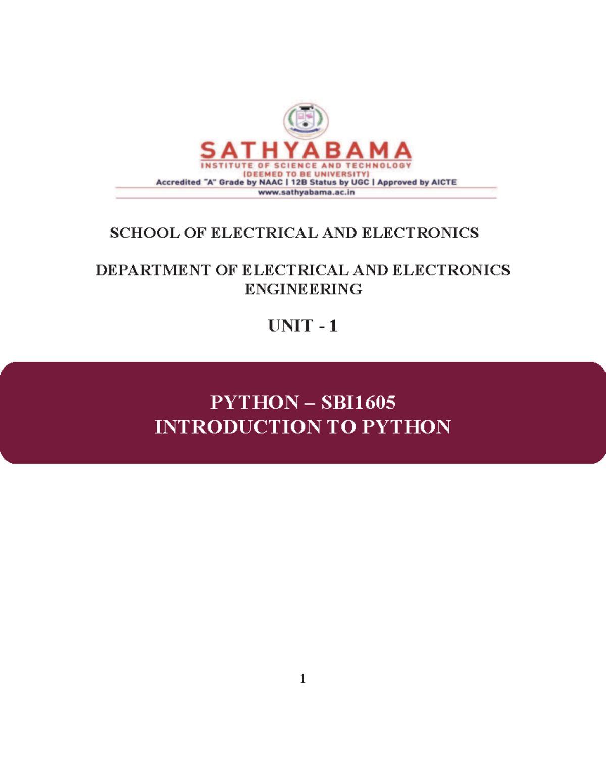 Python - .... - SCHOOL OF ELECTRICAL AND ELECTRONICS DEPARTMENT OF ELECTRICAL AND ELECTRONICS ...