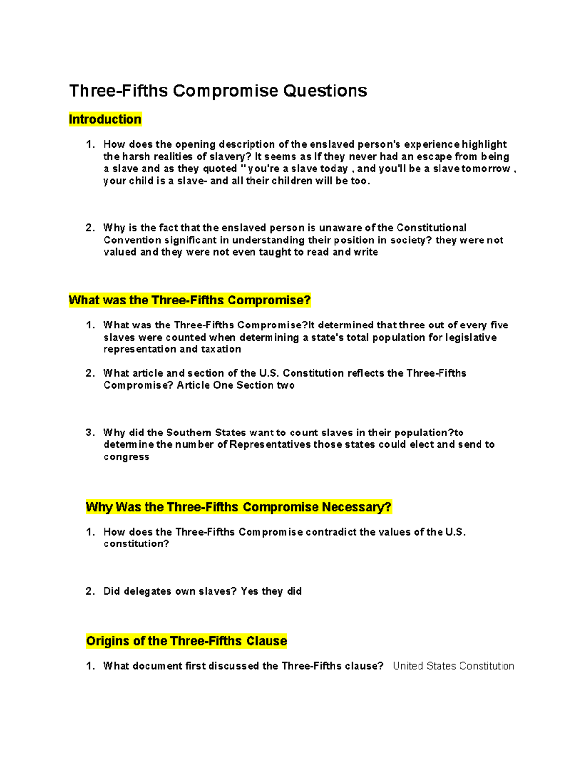 3 5 Compromise Questions (1) - Three-Fifths Compromise Questions ...