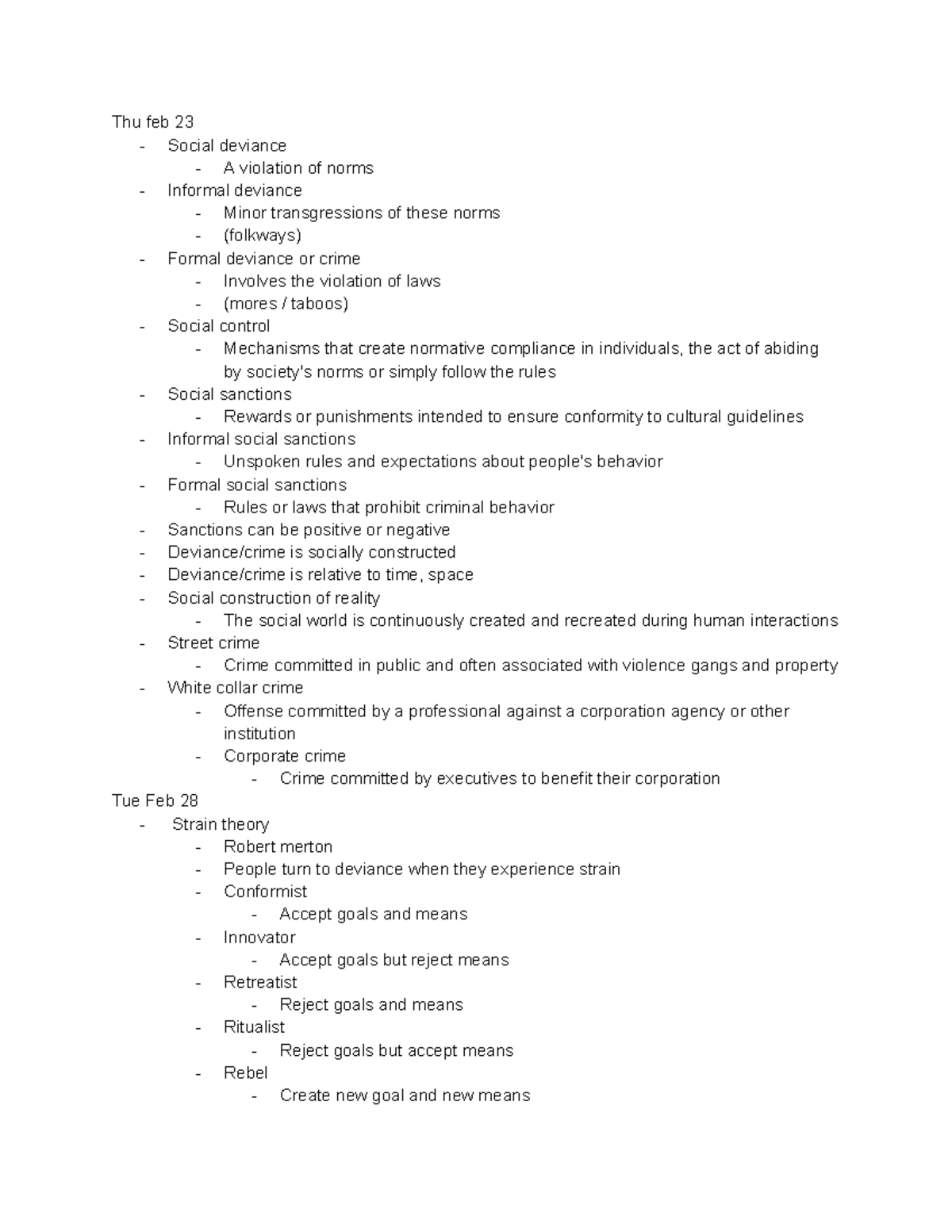 Soc exam 3 - Gong lecture notes - Thu feb 23 - Social deviance - A ...