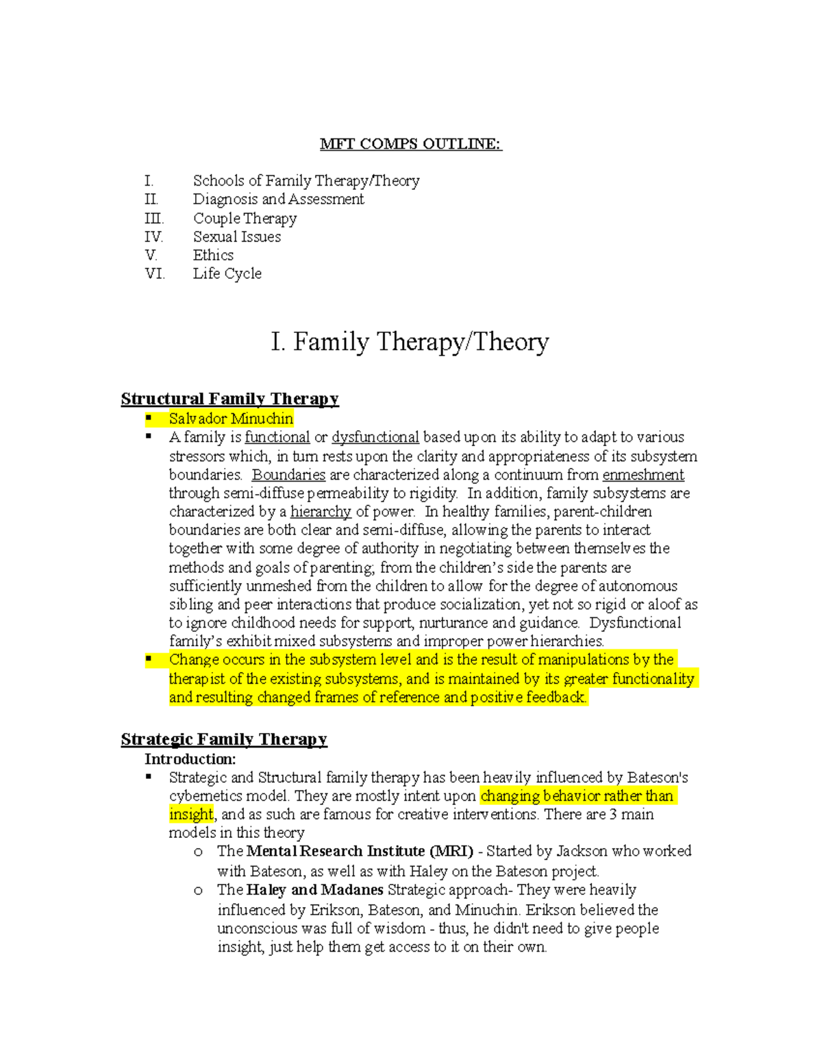 Comps review 1 - MFT COMPS OUTLINE: I. Schools of Family Therapy/Theory ...