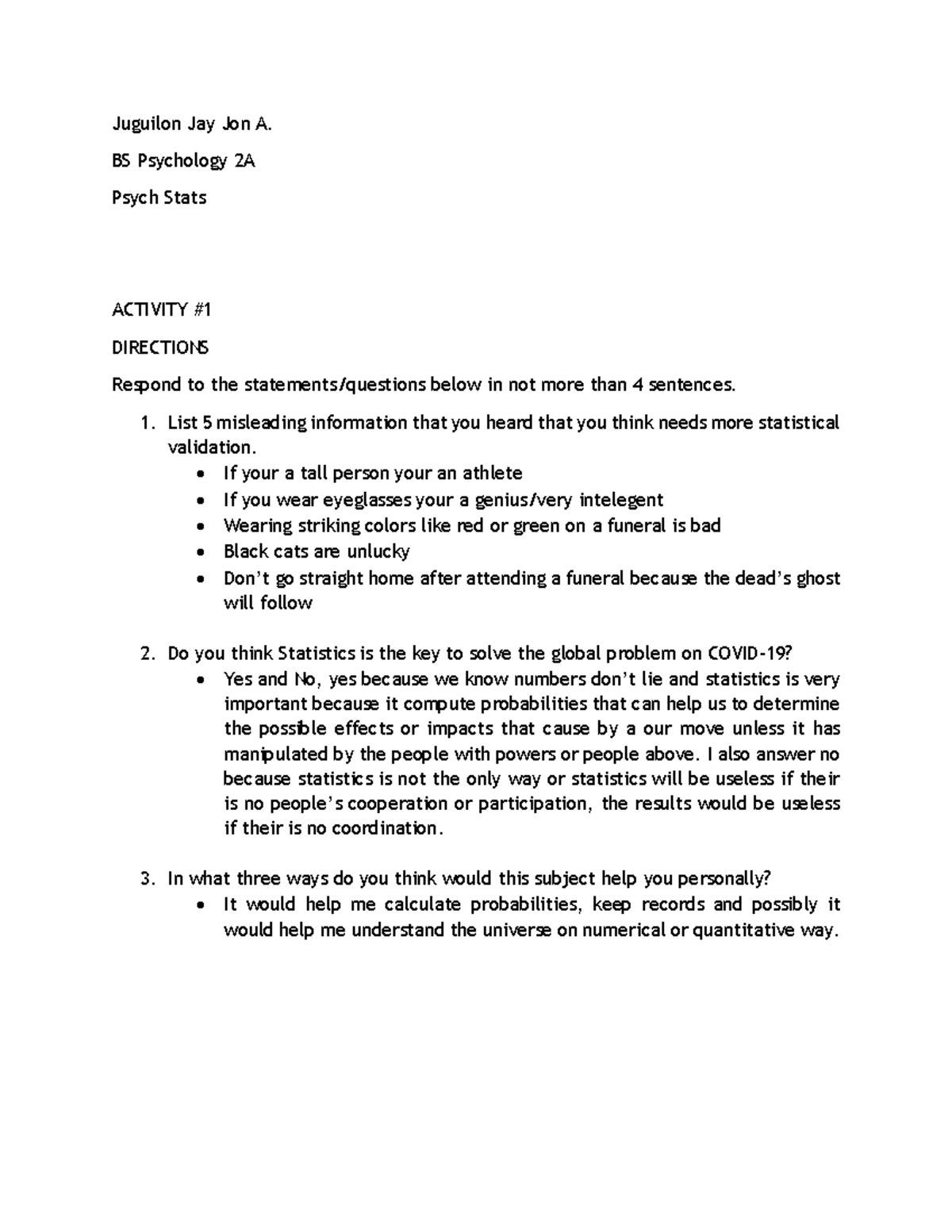 PS act 1-3 - Haha - Juguilon Jay Jon A. BS Psychology 2A Psych Stats ...
