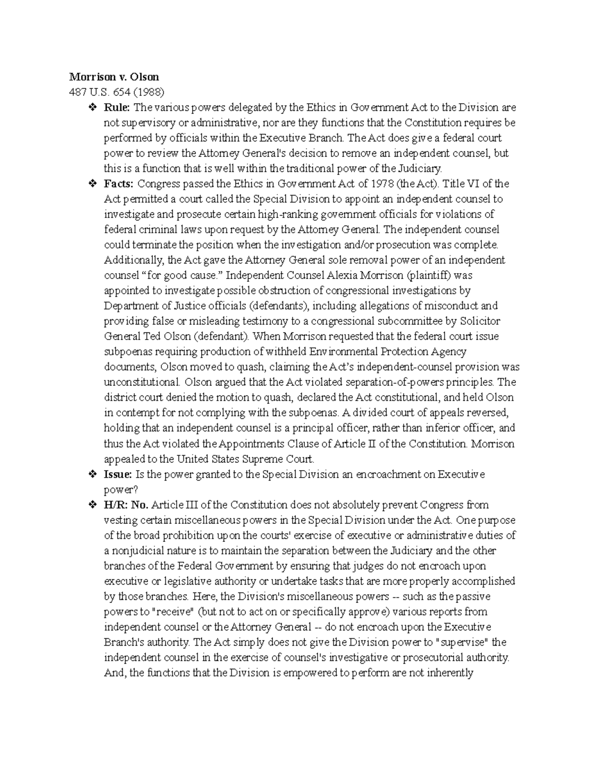 Morrison and Seila Briefs - Morrison v. Olson 487 U. 654 (1988) w Rule ...