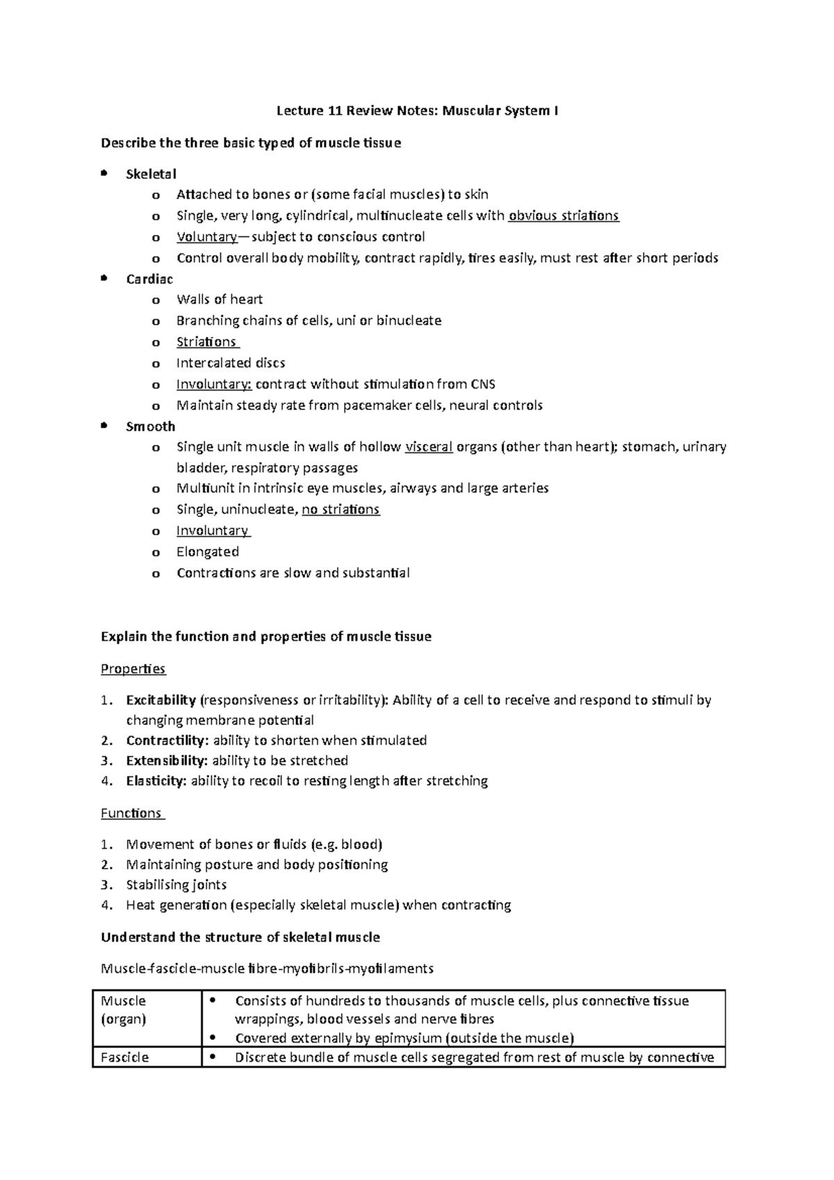 Muscular System I review - Lecture 11 Review Notes: Muscular System I ...