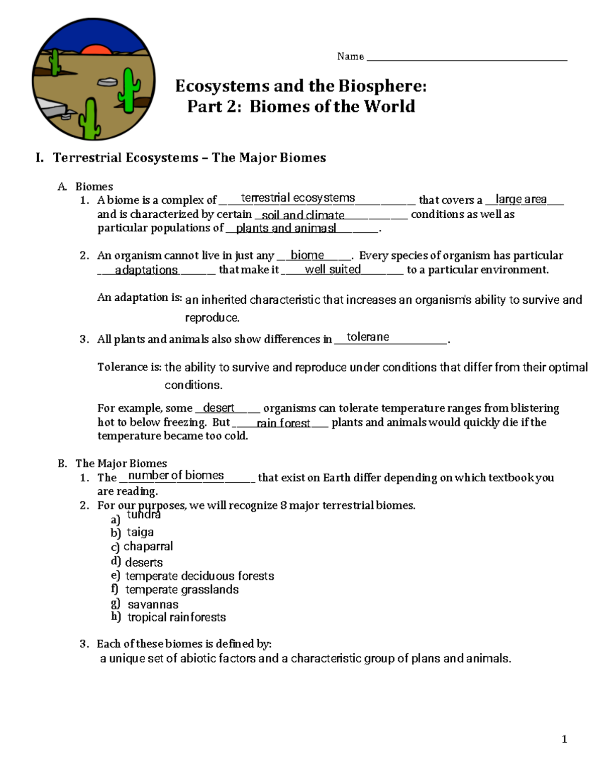Ethan Wadman - 4 Ecosystems Part 2 Biomes Student Notes - Name - Studocu