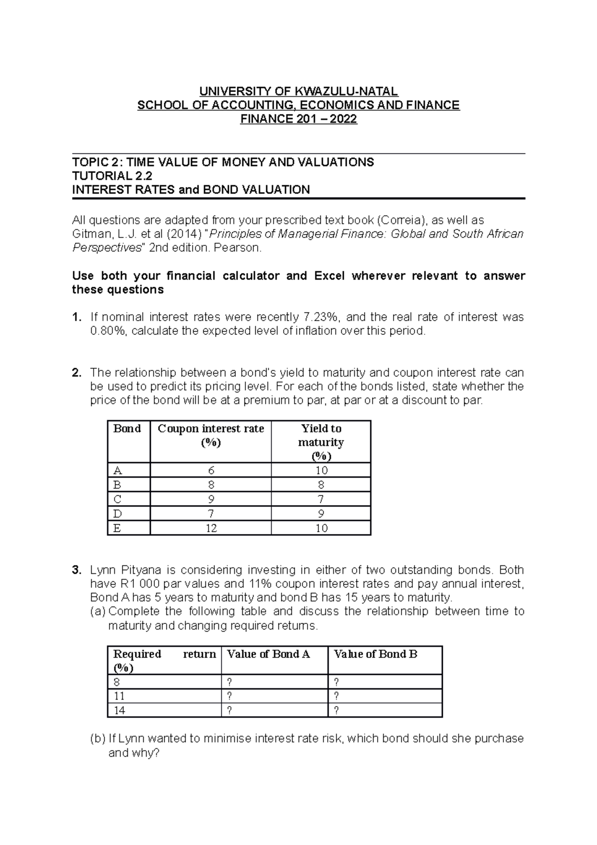 Tutorial 2.2 Questions - Bonds - UNIVERSITY OF KWAZULU-NATAL SCHOOL OF ...