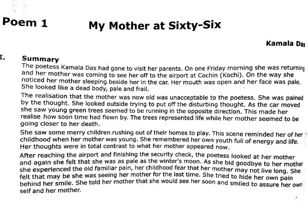 English poem-1 - Poem 1 My Mother at Sixty-Six Kamala Das Summary ne ...
