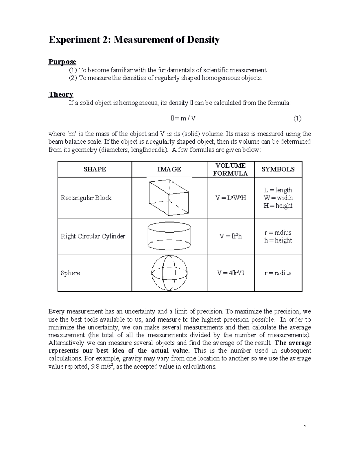 02 Density - Experiment 2: Measurement of Density Purpose (1) To become ...