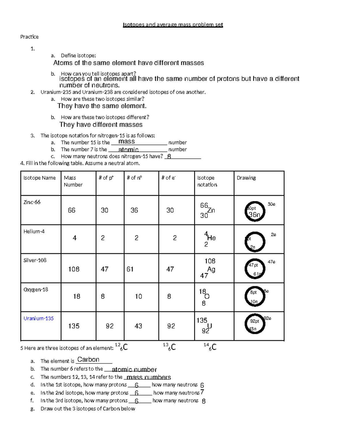 Isotopes and average mass problem set - Isotopes and average mass ...