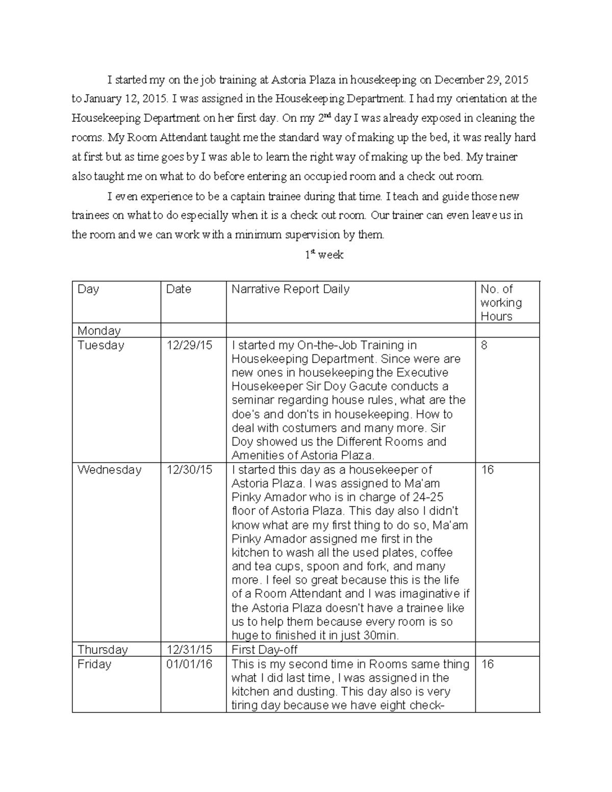 Housekeeping narrative report docx - I started my on the job training ...
