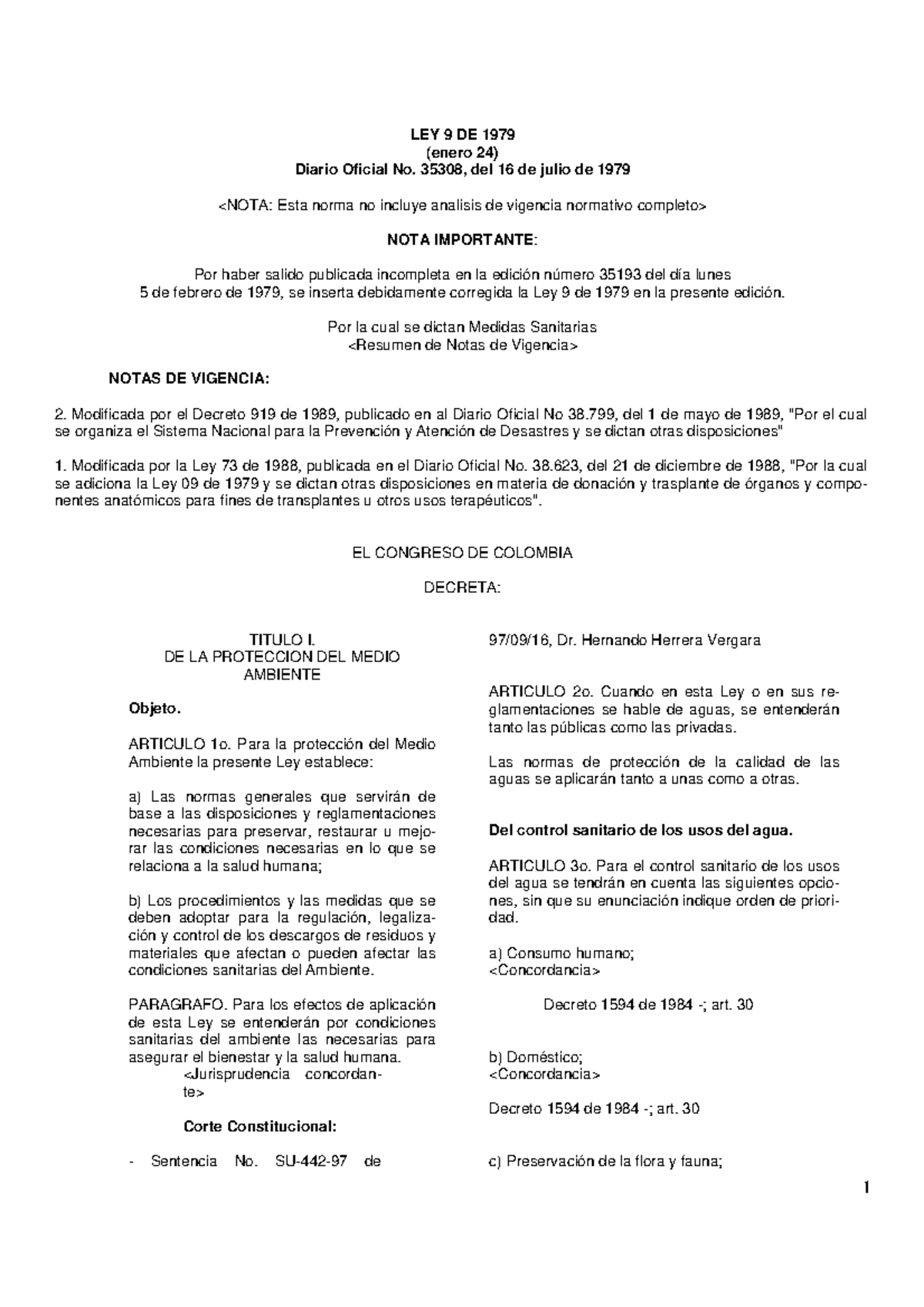 Ley N° 009 de 1979 - Ley - LEY 9 DE 1979 (enero 24) Diario Oficial No ...