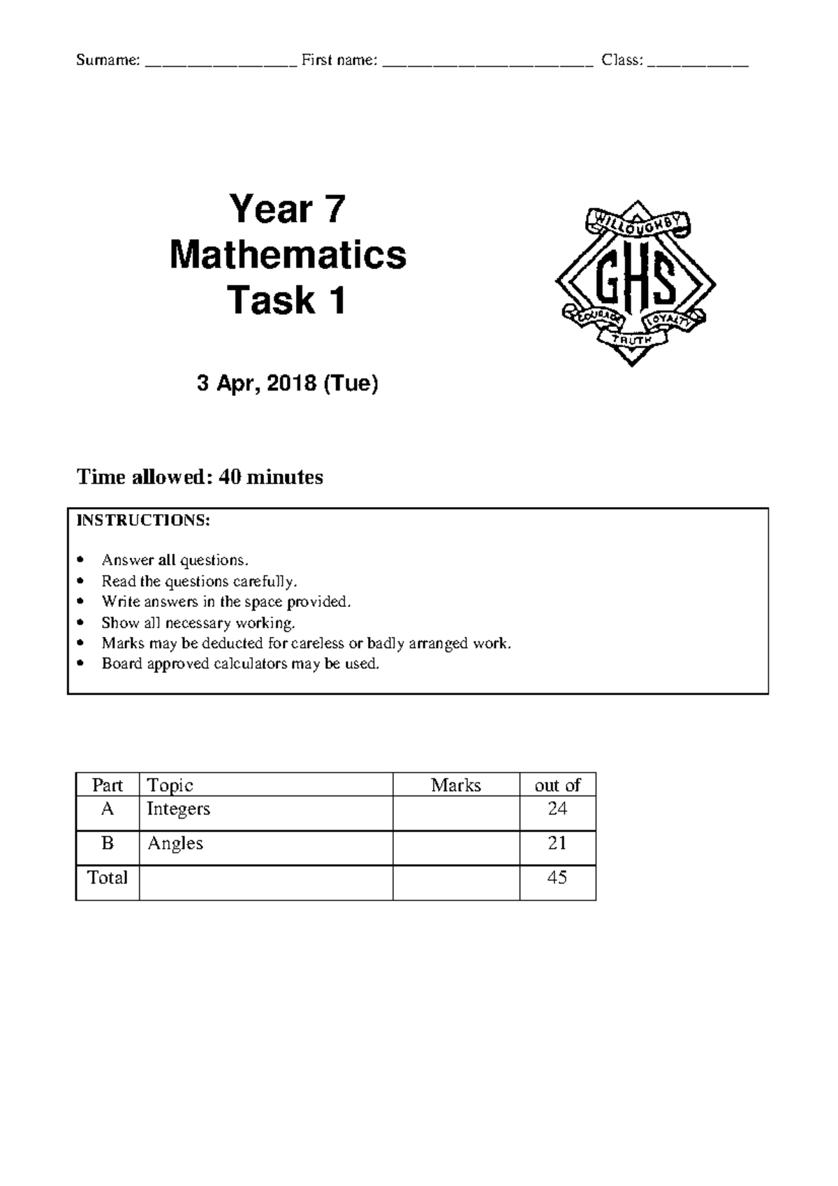 Task 1 Year 7 2018 - ....... - Surname: __________________ First name