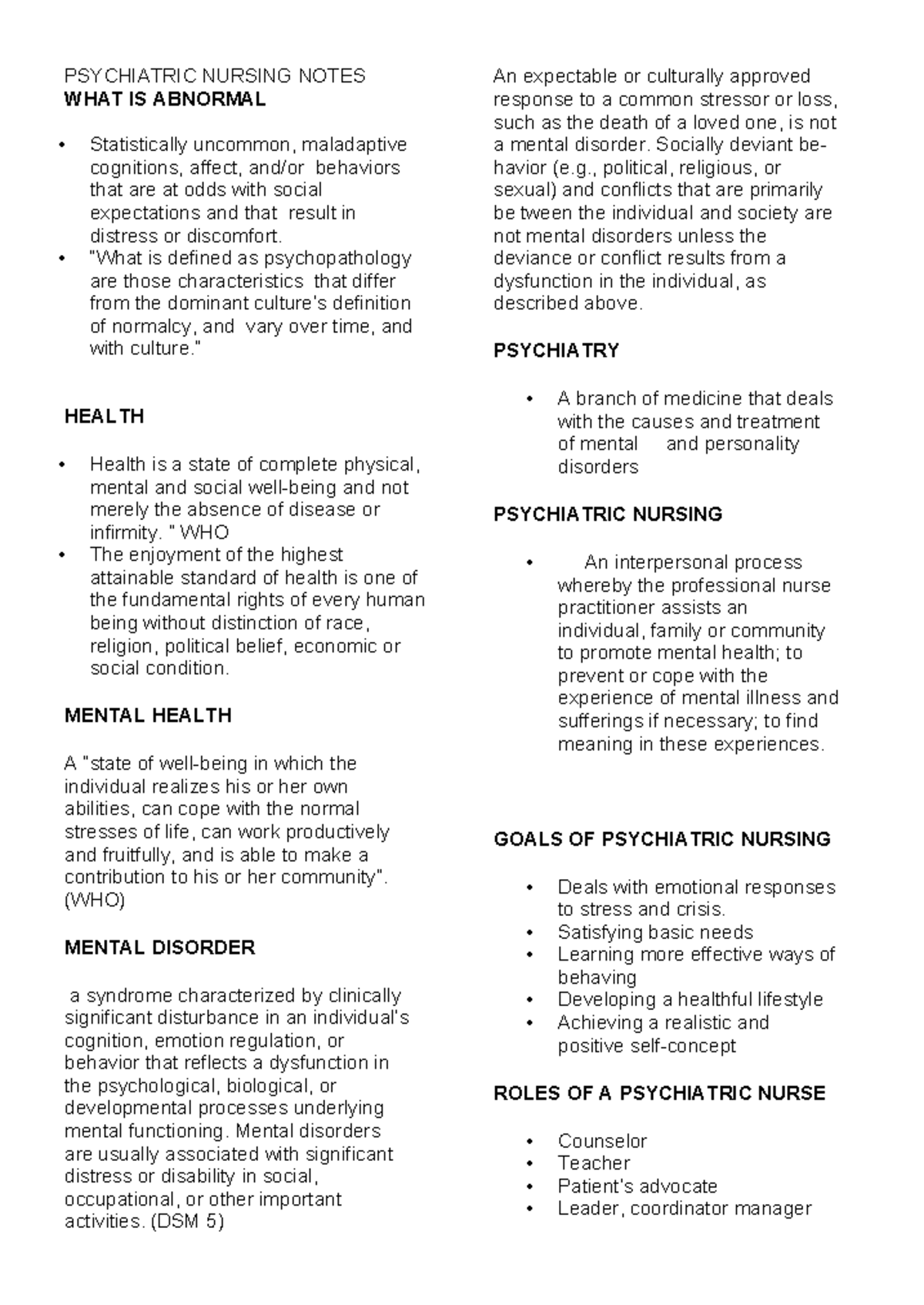 Notes ON Psych 1 - PSYCHIATRIC NURSING NOTES WHAT IS ABNORMAL ...