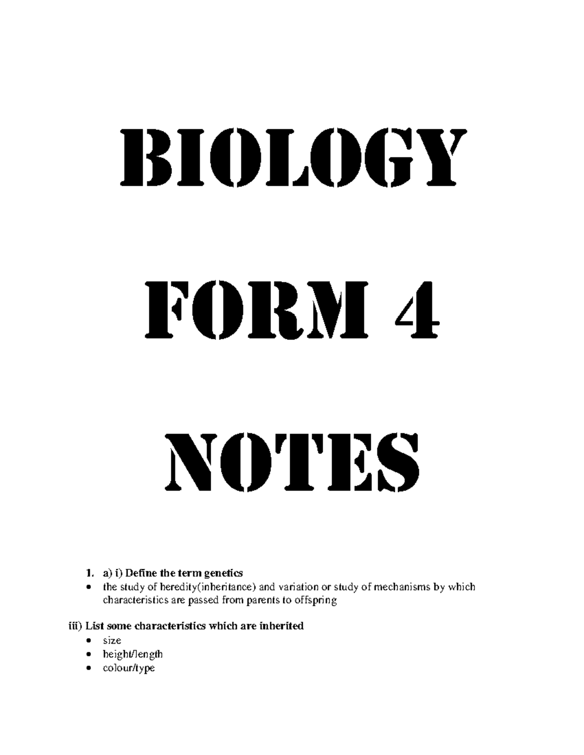 Biology form 4 notes - BIOLOGY FORM 4 NOTES a) i) Define the term ...