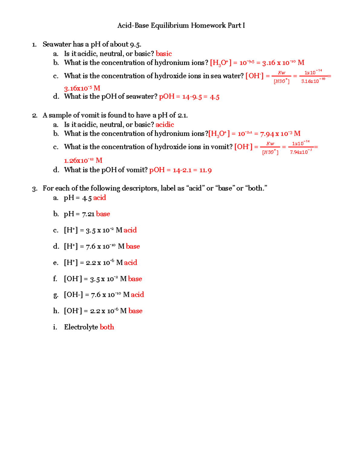 Acid:Base Equilibrium Practice Key - Acid-Base Equilibrium Homework ...