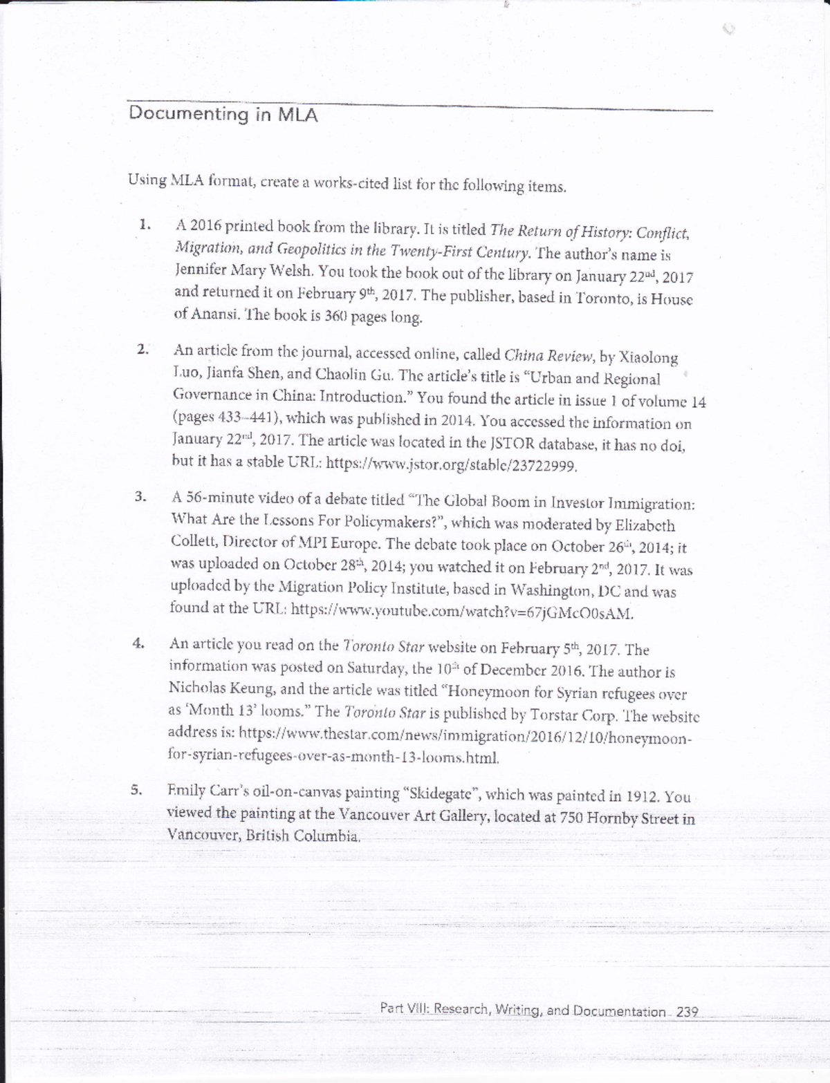 Citing References Exercise - Documenting in MLA using MLA format, create a works-cited list for ...