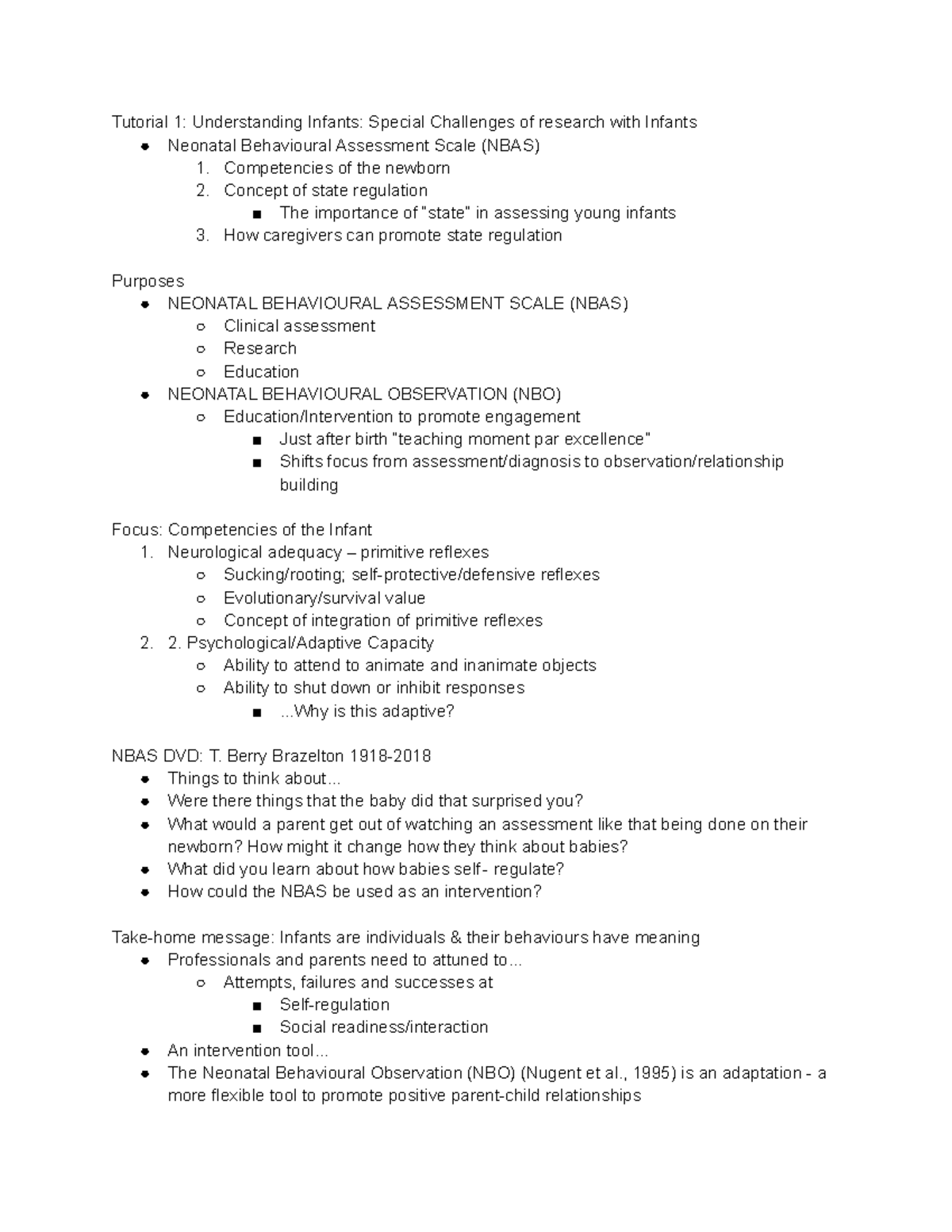 Tutorial Notes - Tutorial 1: Understanding Infants: Special Challenges ...