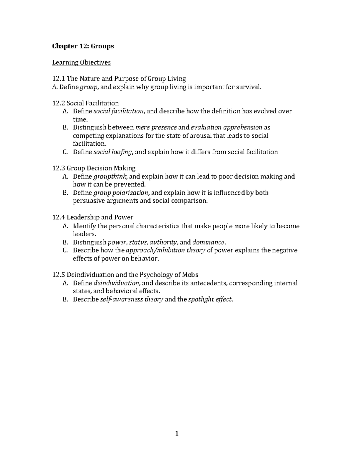 PSYC 3133 LEarning Objectives CH 12 - 1 Chapter 12: Groups Learning Objectives 12 The Nature and ...