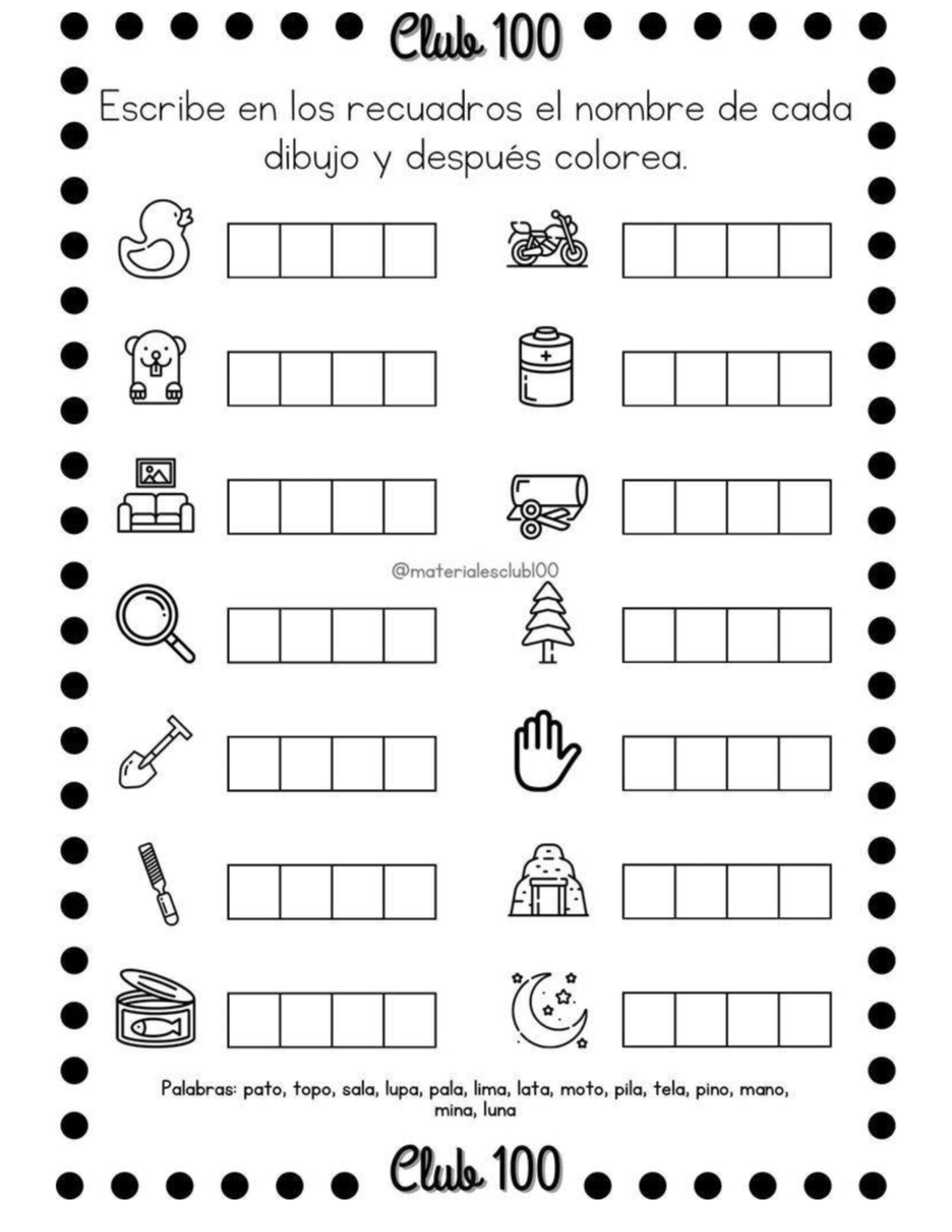 Actividades asesoria primaria - Club 100 Escribe en los recuadr os el nombre de cada dibujo y ...