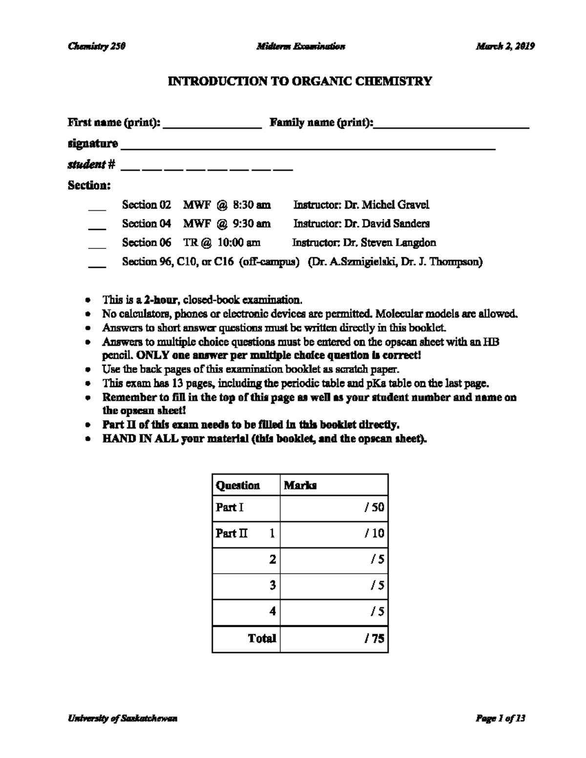 Midterm Exam 2019 - Chem 250.3 - Studocu