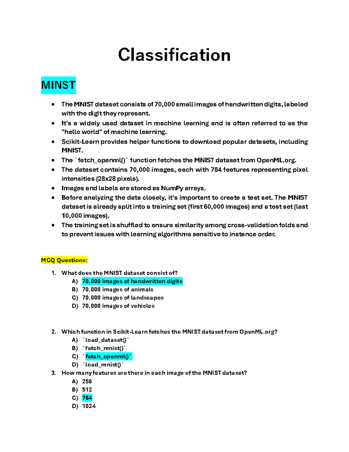 Machine Learning (Ch 03) Summary - Classification MINST • The MNIST ...