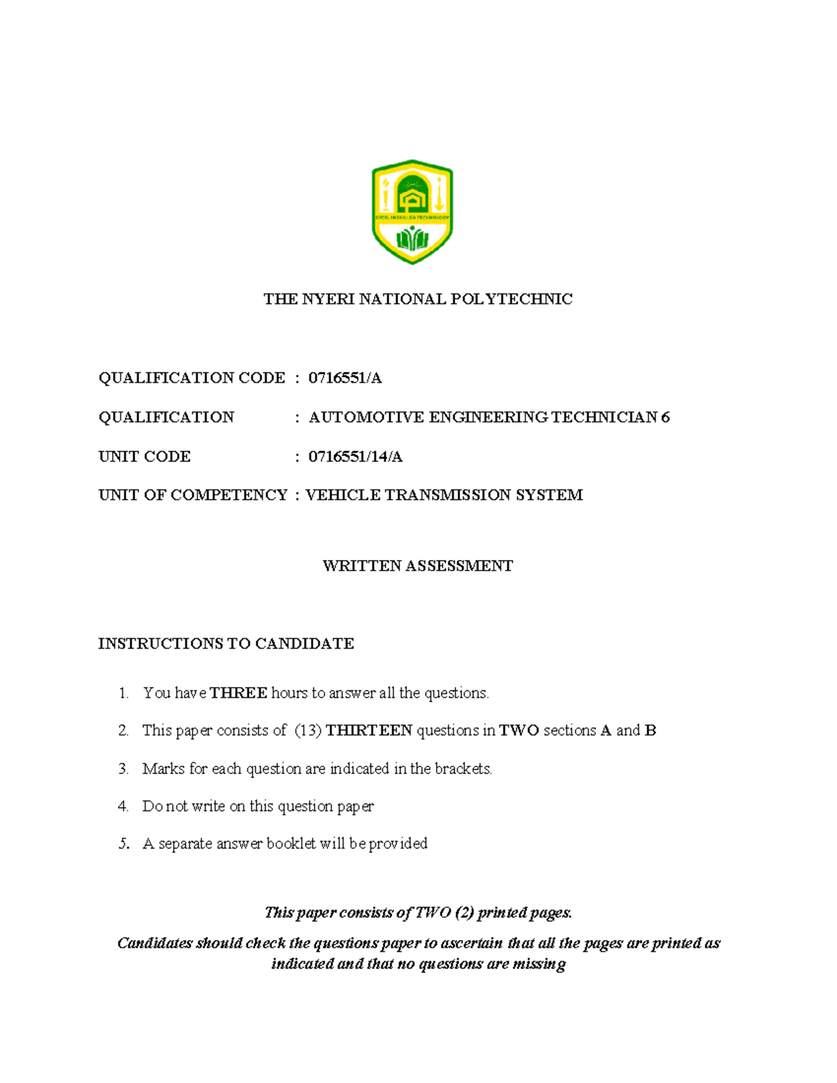 AMT623S1 Trans formative student guide - THE NYERI NATIONAL POLYTECHNIC ...