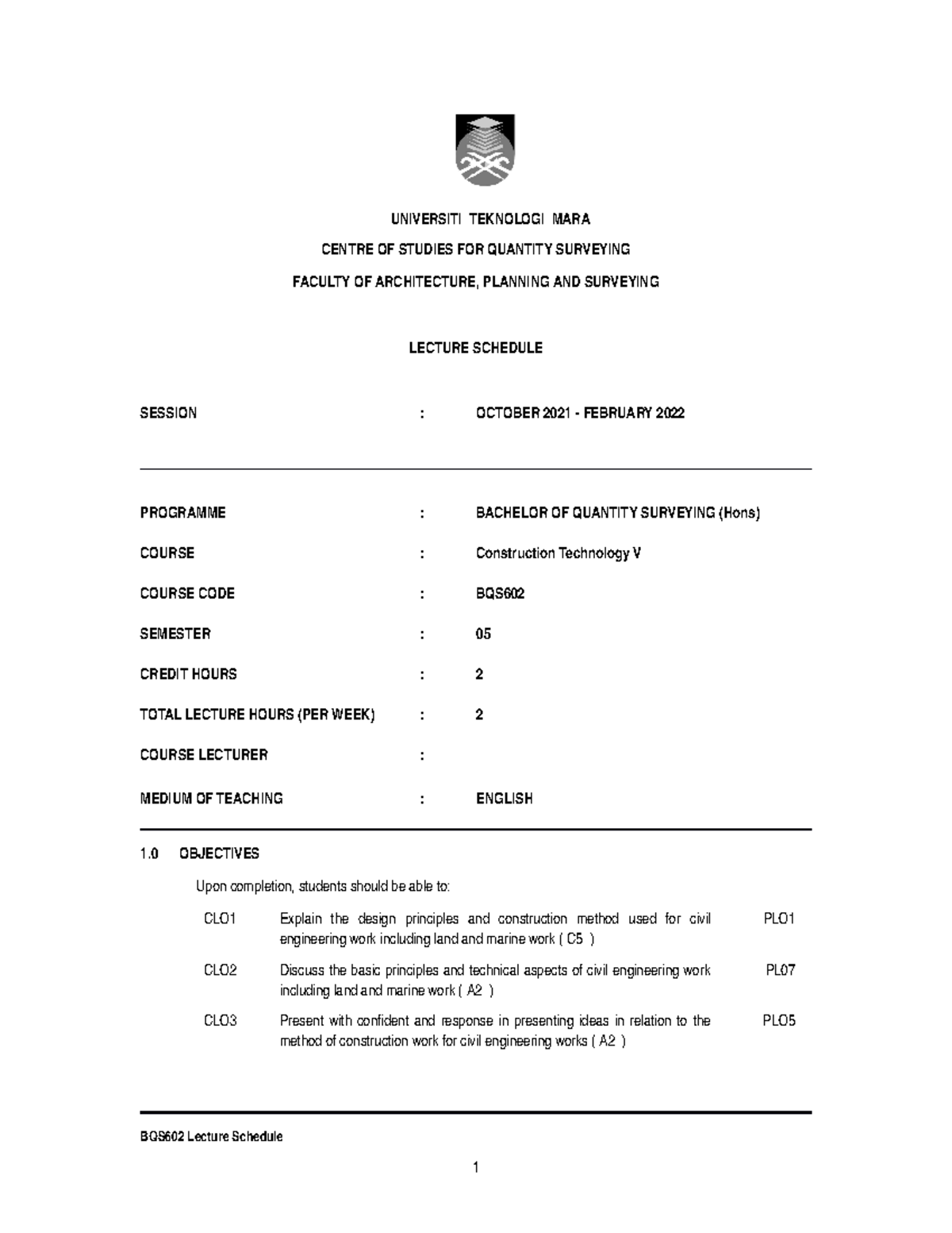 Final Lecture schedule BQS602OCT2021 - Sarjana Muda Kejuruteraan ...
