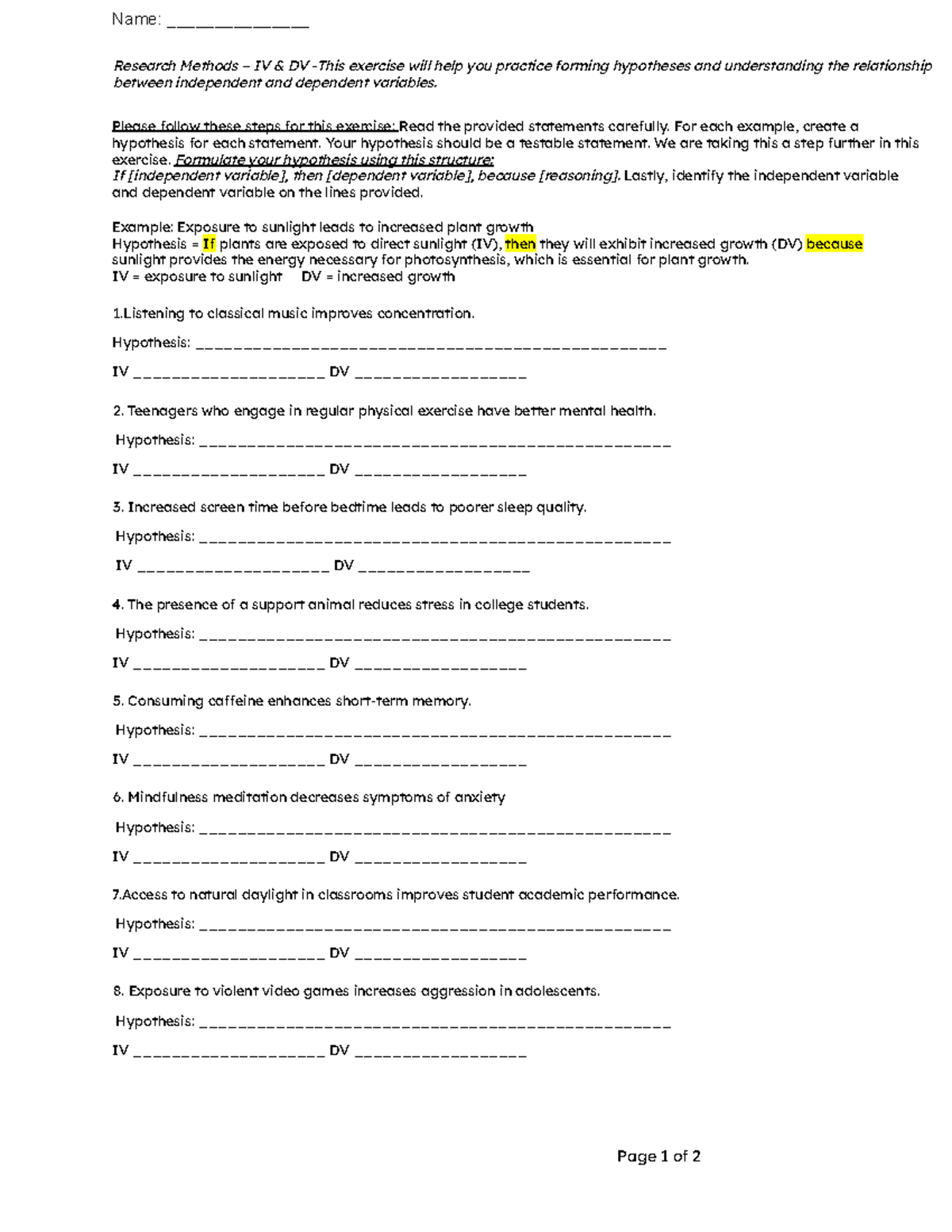 IV DV Practice - Name: _______________ Research Methods – IV & DV -This ...