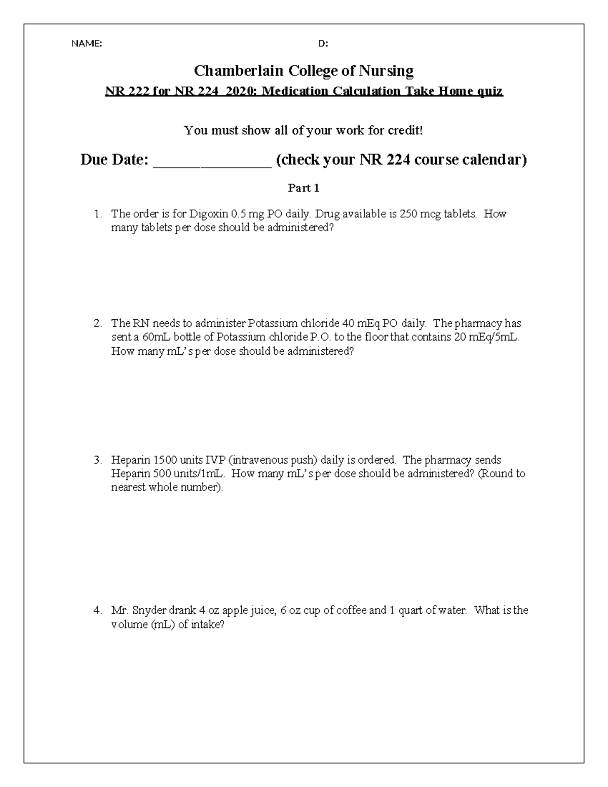 Blue Math Packet - Math Practice - NAME: D: Chamberlain College of Nursing NR 222 for NR 224 ...