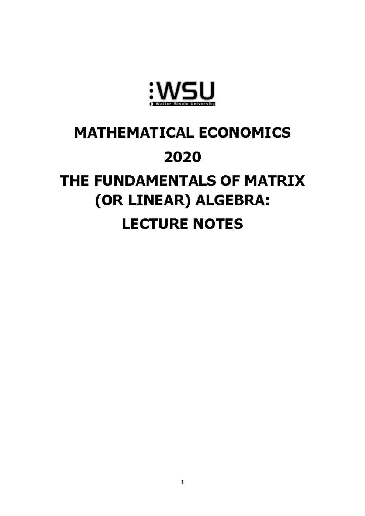 The Fundamentals of Matrix Algebra Lecture Notes Mathematical Economics ...