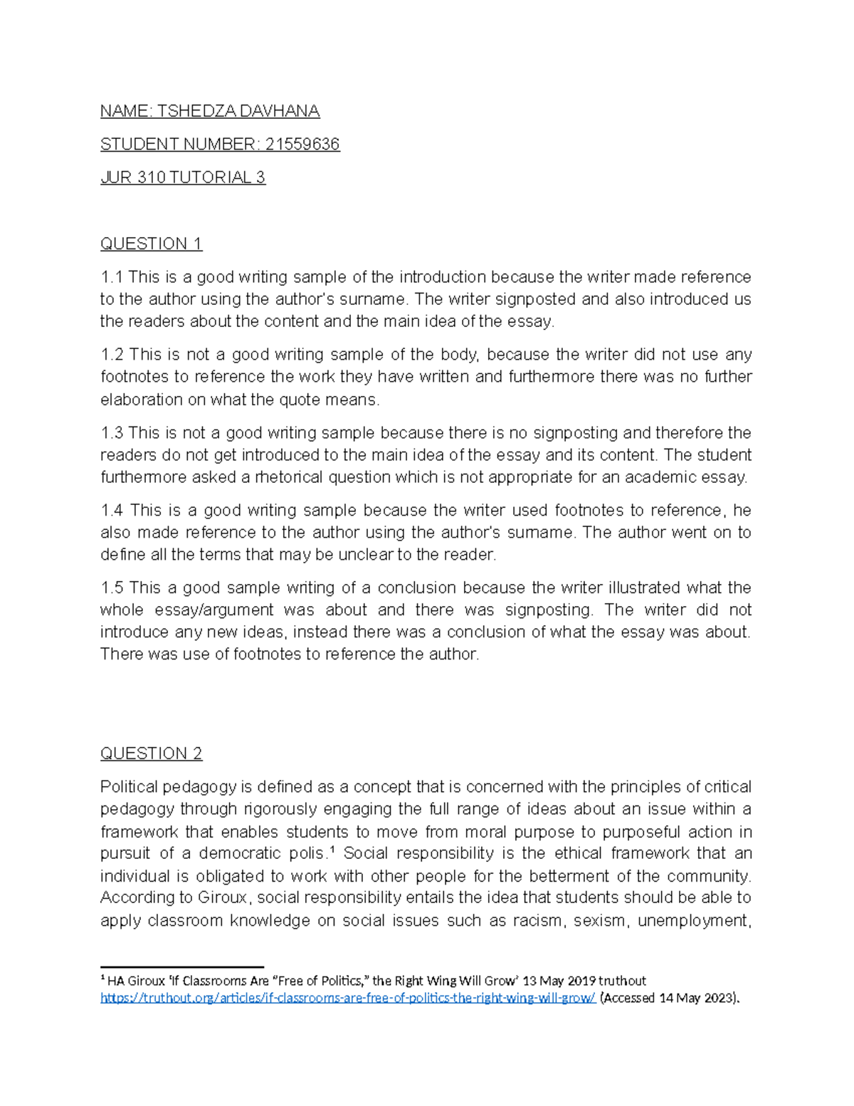 JUR 310 Tutorial 3 - NAME: TSHEDZA DAVHANA STUDENT NUMBER: 21559636 JUR ...