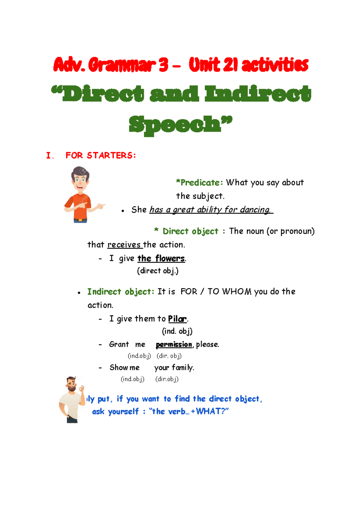 Indirect Speech UNIT 21 - Adv. Grammar 3 - Unit 21 activities “Direct ...