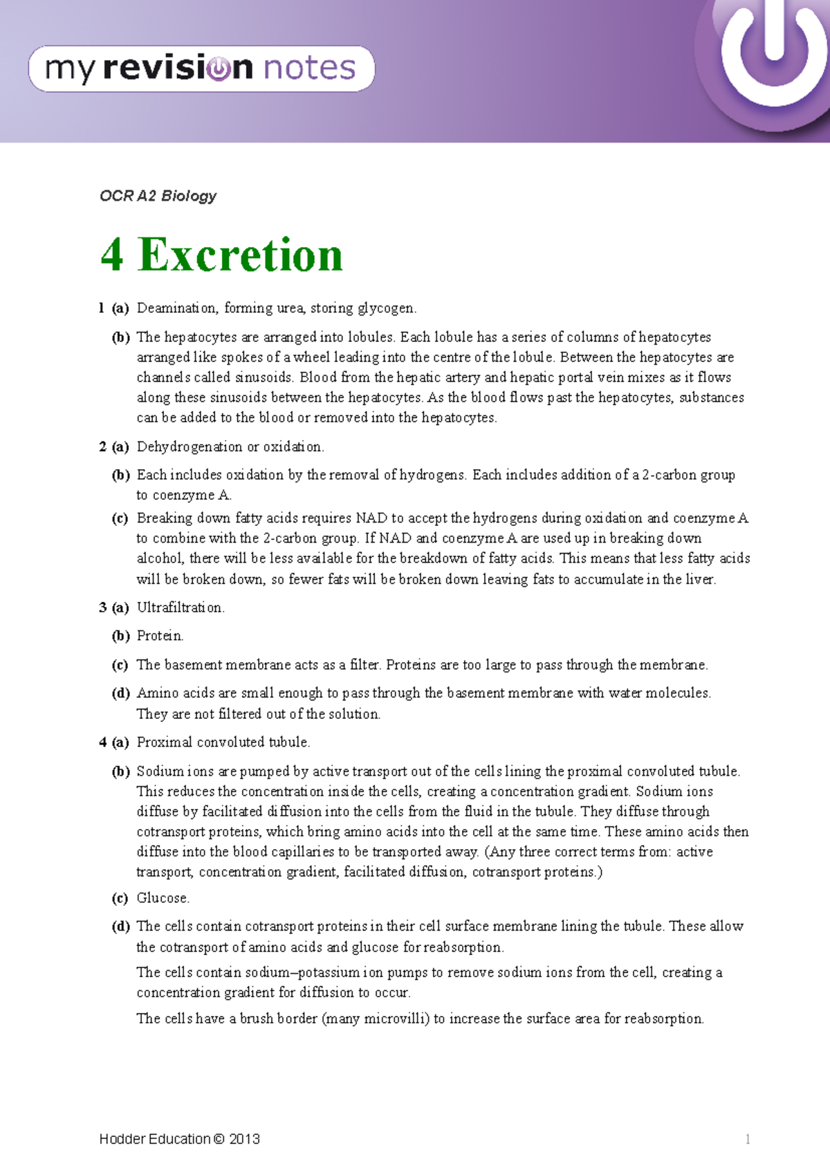 Exam practice answers 4 - OCR A2 Biology 4 Excretion l (a) Deamination ...