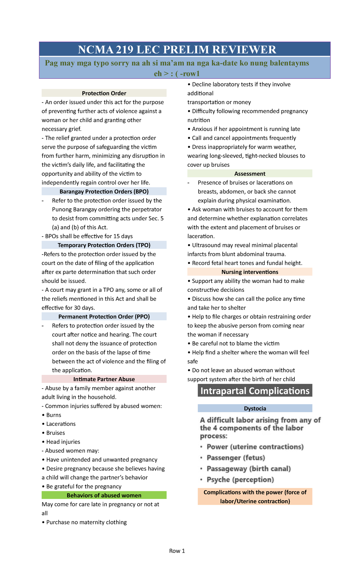 NCMA 219 LEC Rowviewer part 2 - NCMA 219 LEC PRELIM REVIEWER Pag may mga typo sorry na ah si ma ...