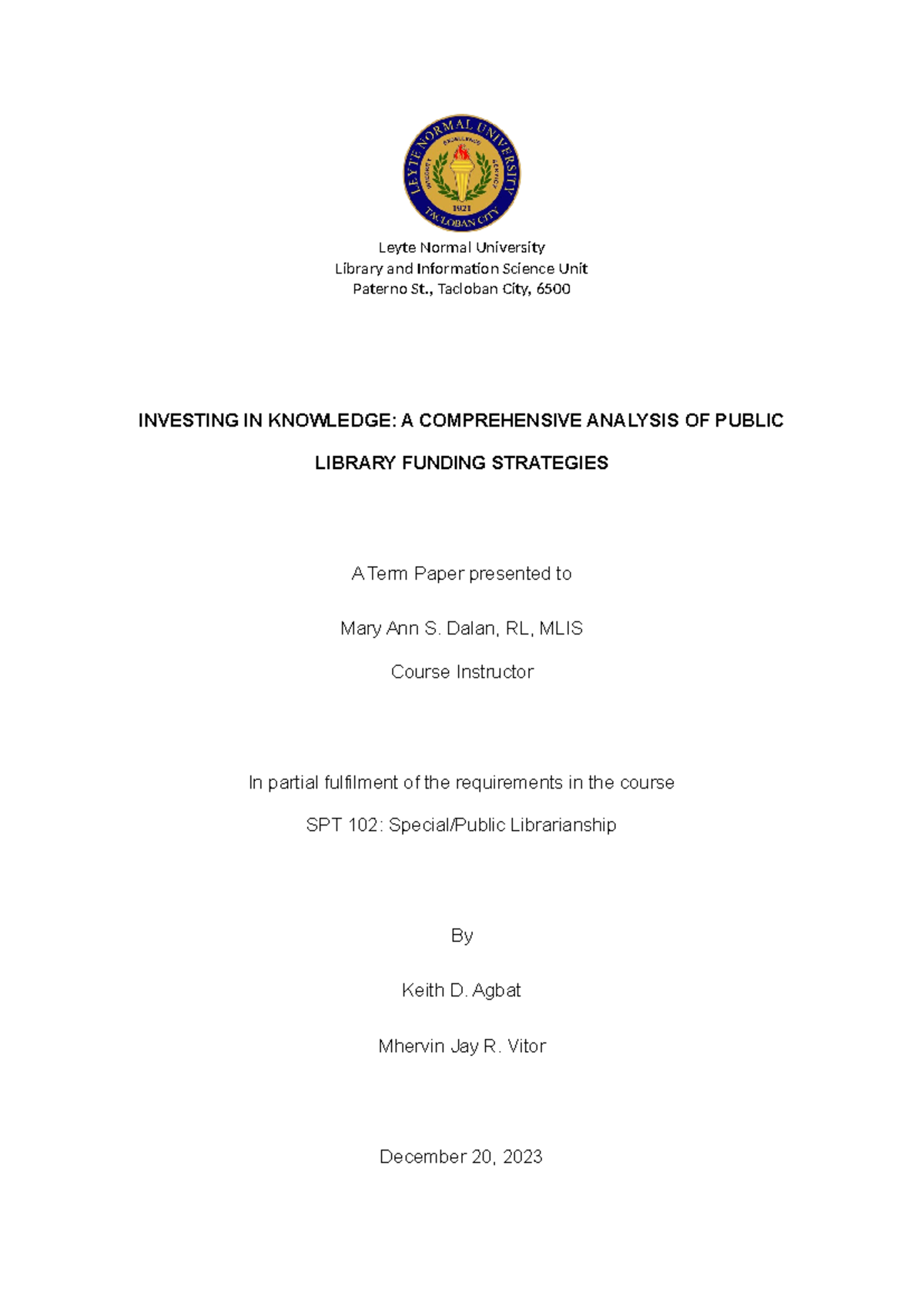 Term paper 1 - Leyte Normal University Library and Information Science ...