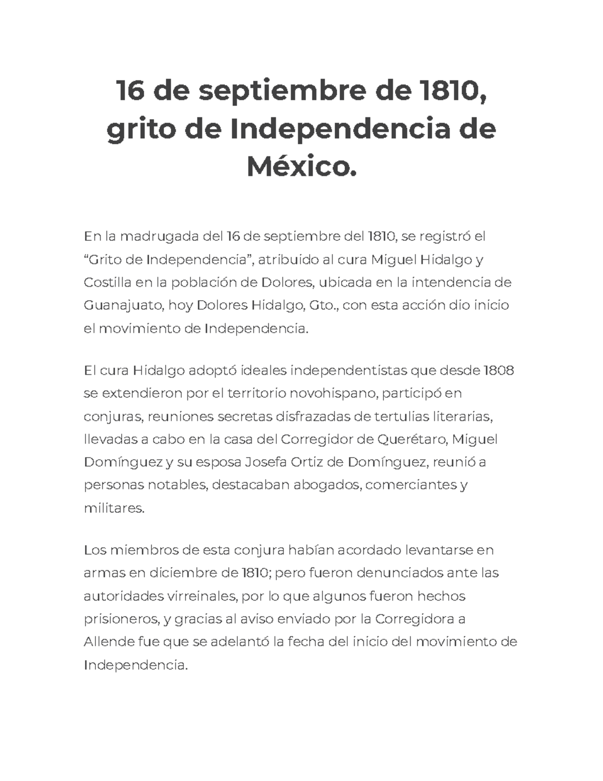 16 de septiembre de 1810 - 16 de septiembre de 1810, grito de Independencia de México. En la ...