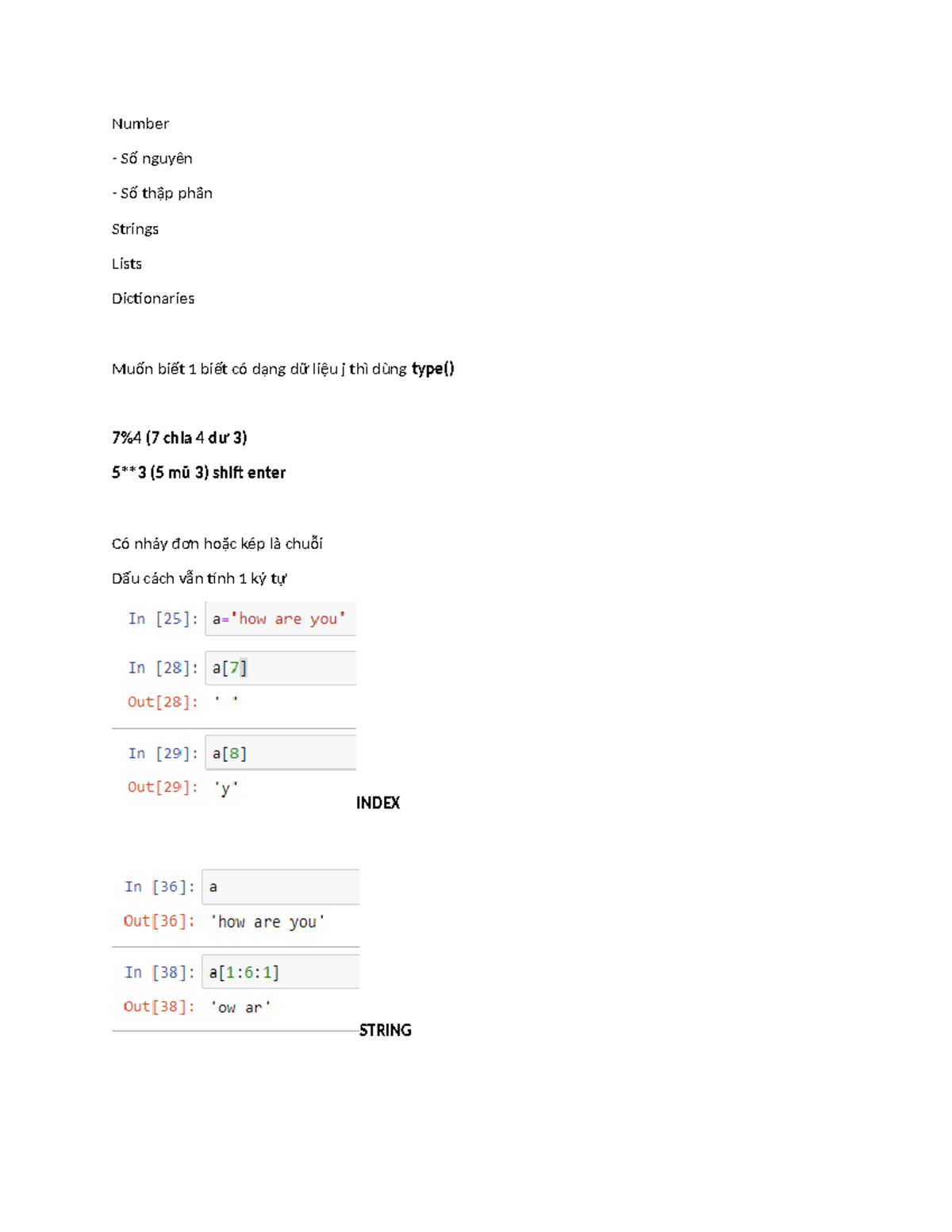 GHI bài thực hành Python - Number Số nguyên Số thập phân Strings Lists ...
