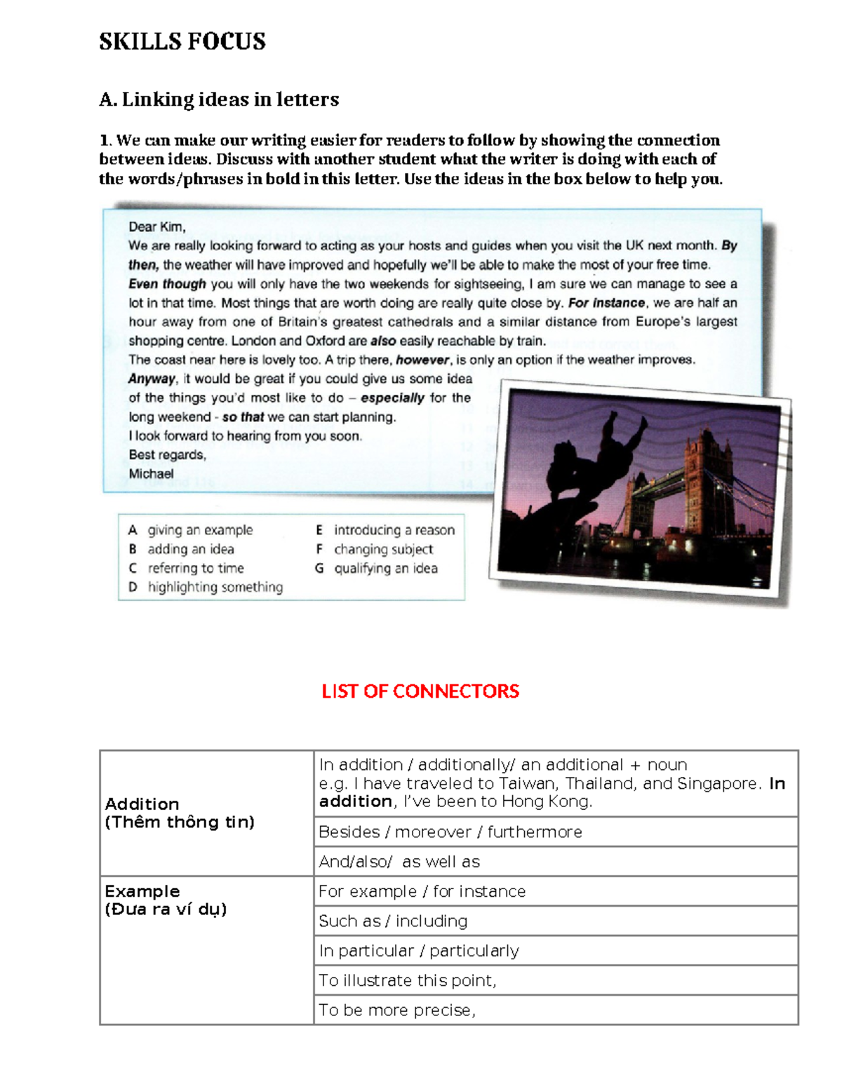 Email writing (handout) - SKILLS FOCUS A. Linking ideas in letters We ...