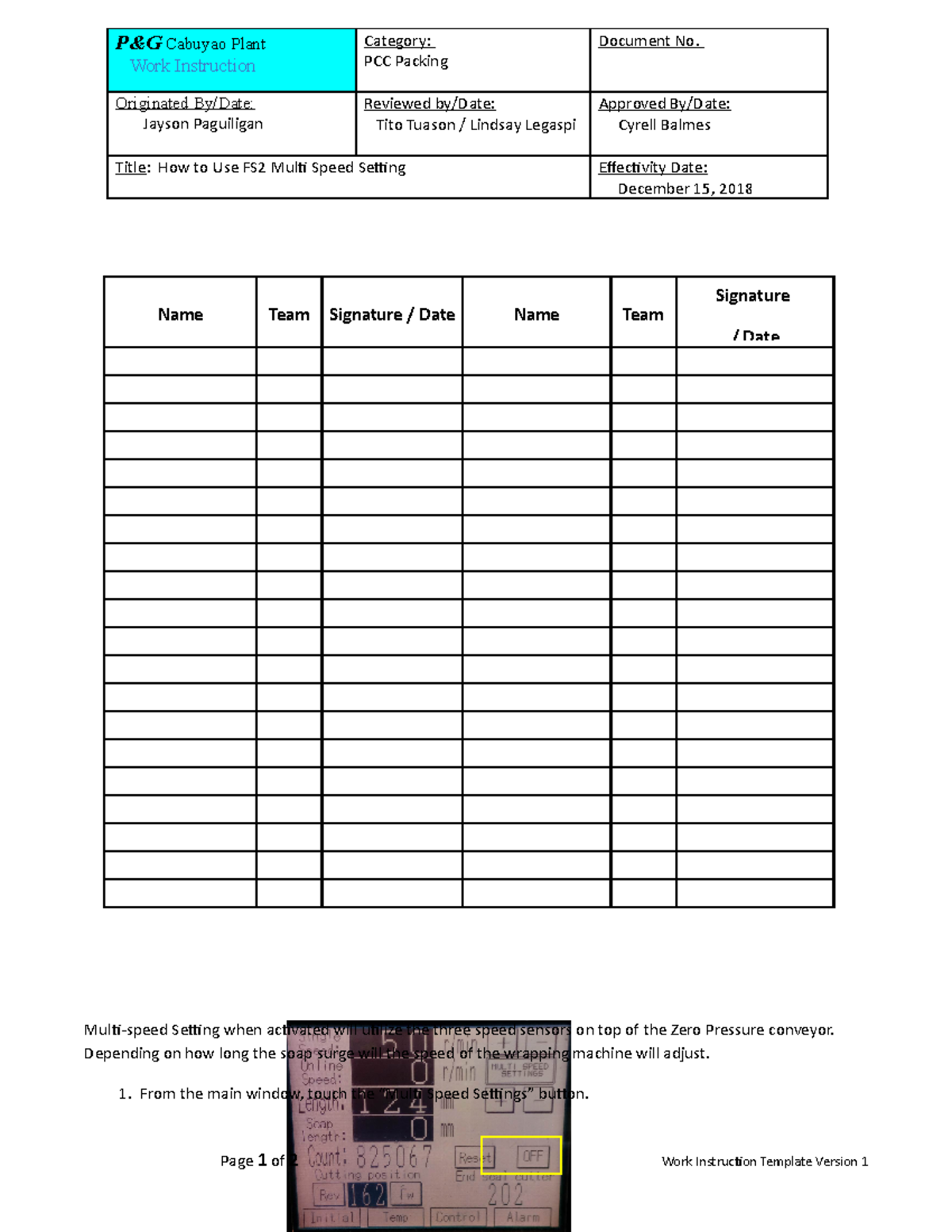 Work Instruction FS2 Multi-Speed Setting - P&G Cabuyao Plant Work ...