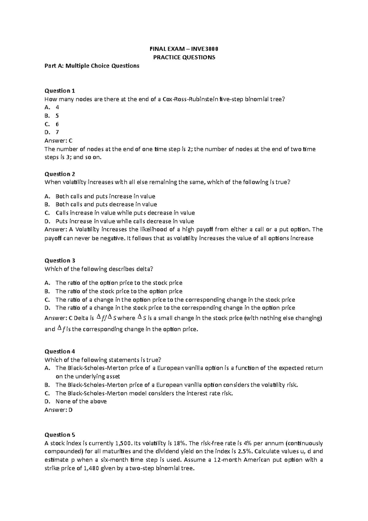 FINAL EXAM 1 19 June, questions and answers - Part A: Multiple Choice ...