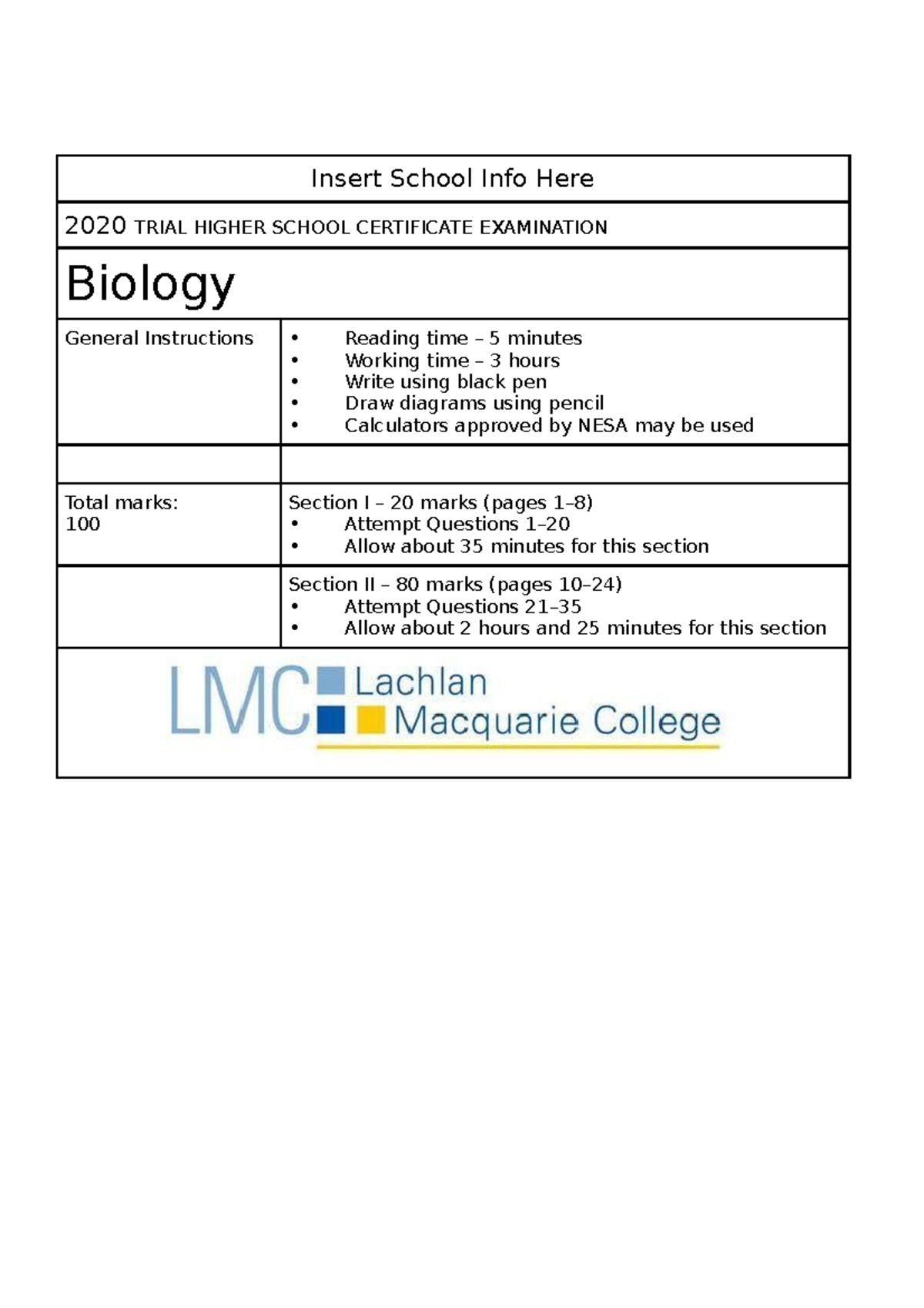 Trial HSC Exam Biology 2020 - BIOL1008 - USyd - Studocu