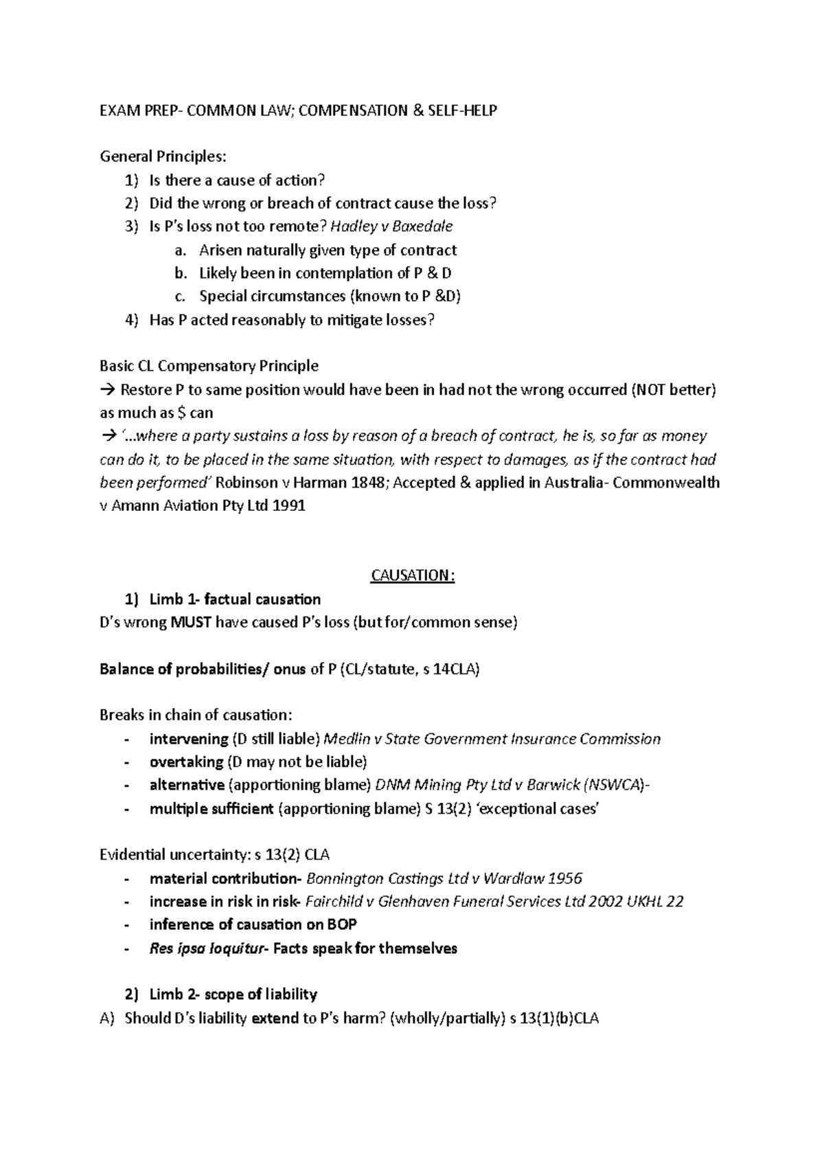 EXAM PREP- CL Compensation SH - EXAM PREP- COMMON LAW; COMPENSATION ...