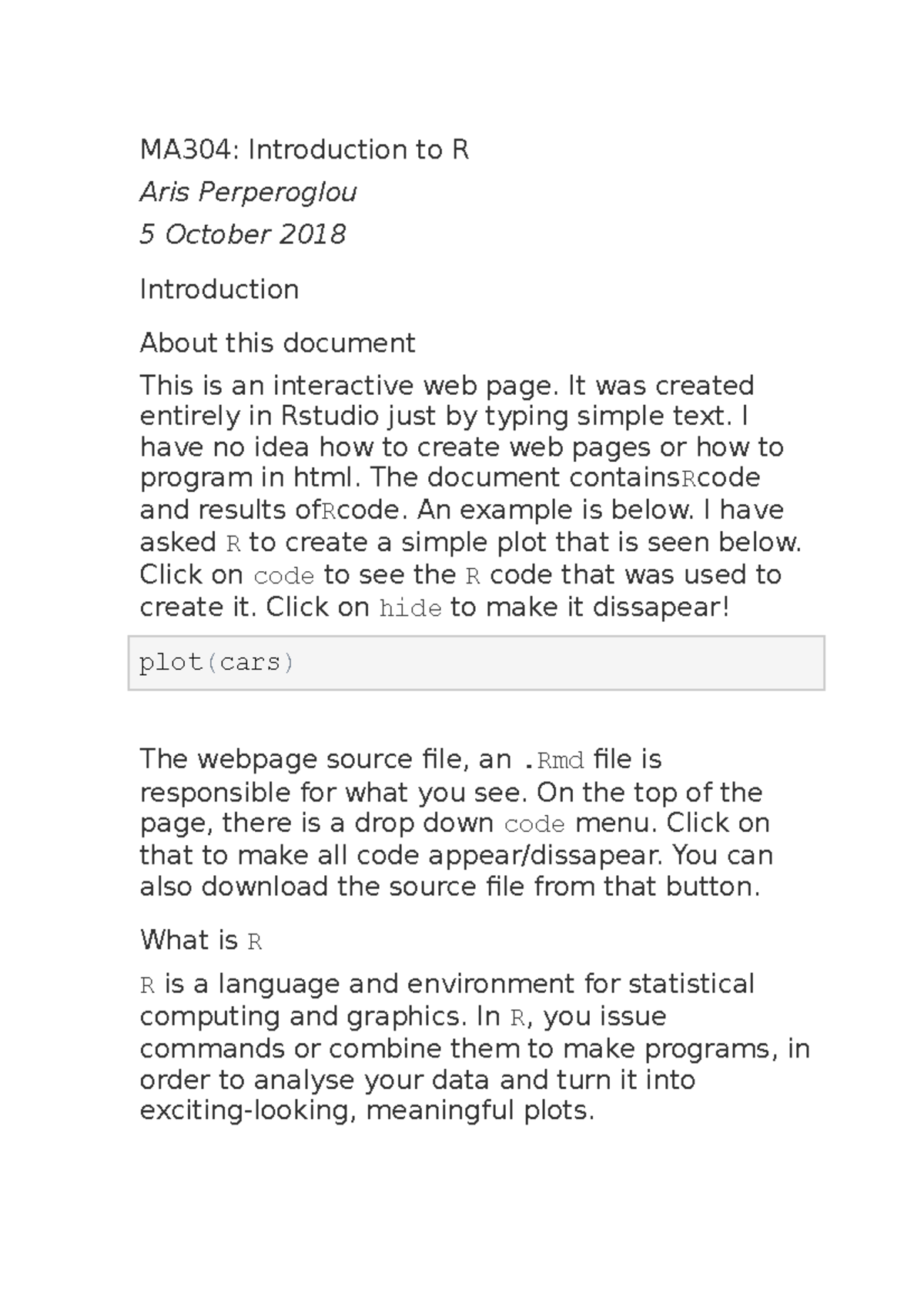 R studio introduction - MA304: Introduction to R Aris Perperoglou 5 ...