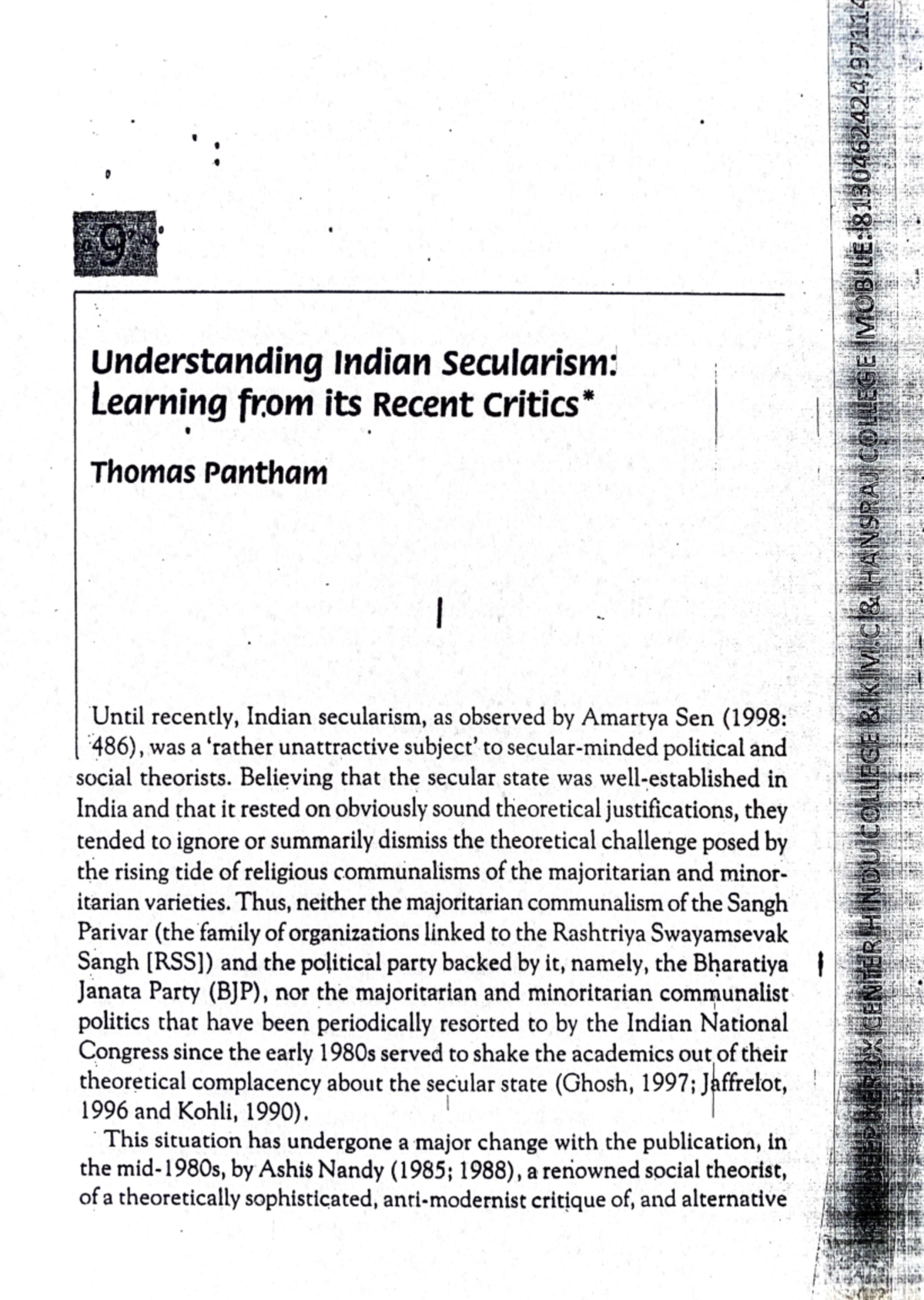 Unit 3 Secularism (Thomas Pantham) - ' 0 ' ·• Understanding Indian ...