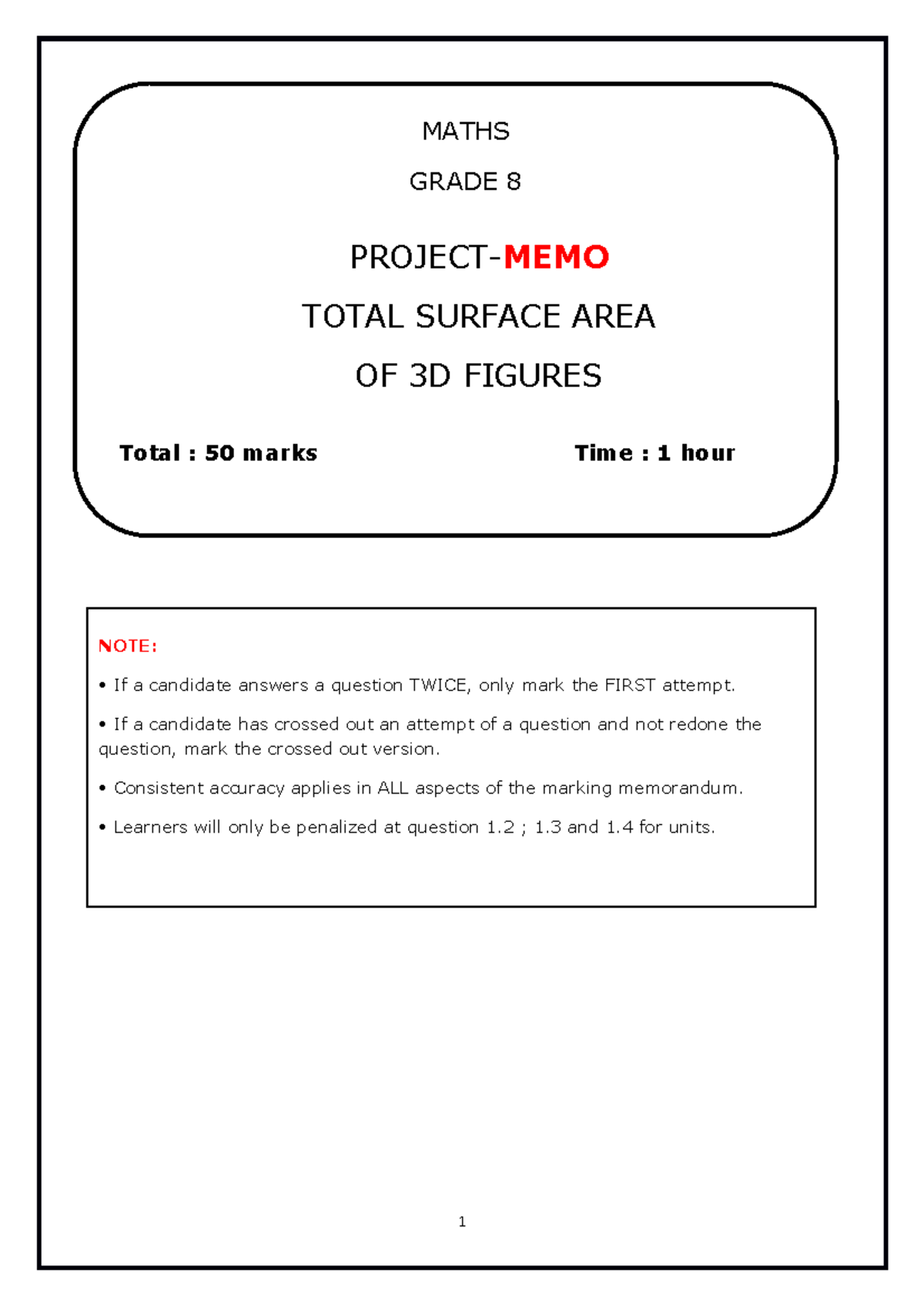Mathematics Wiskunde Gr 8 Projek Project Memorandum - NOTE: If a ...
