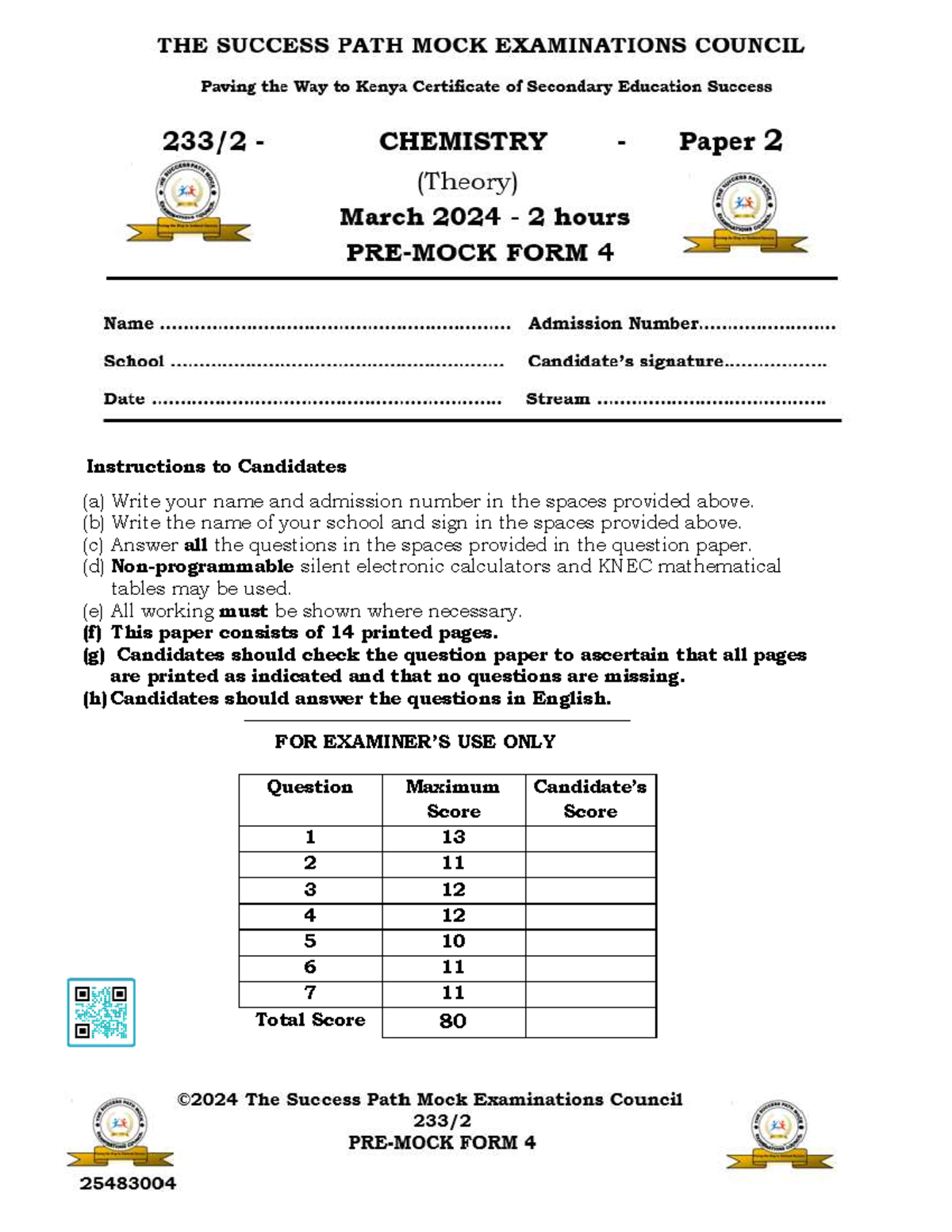 CHEM PP2 QS PRE-MOCK 2024. Corrected - Instructions to Candidates (a ...