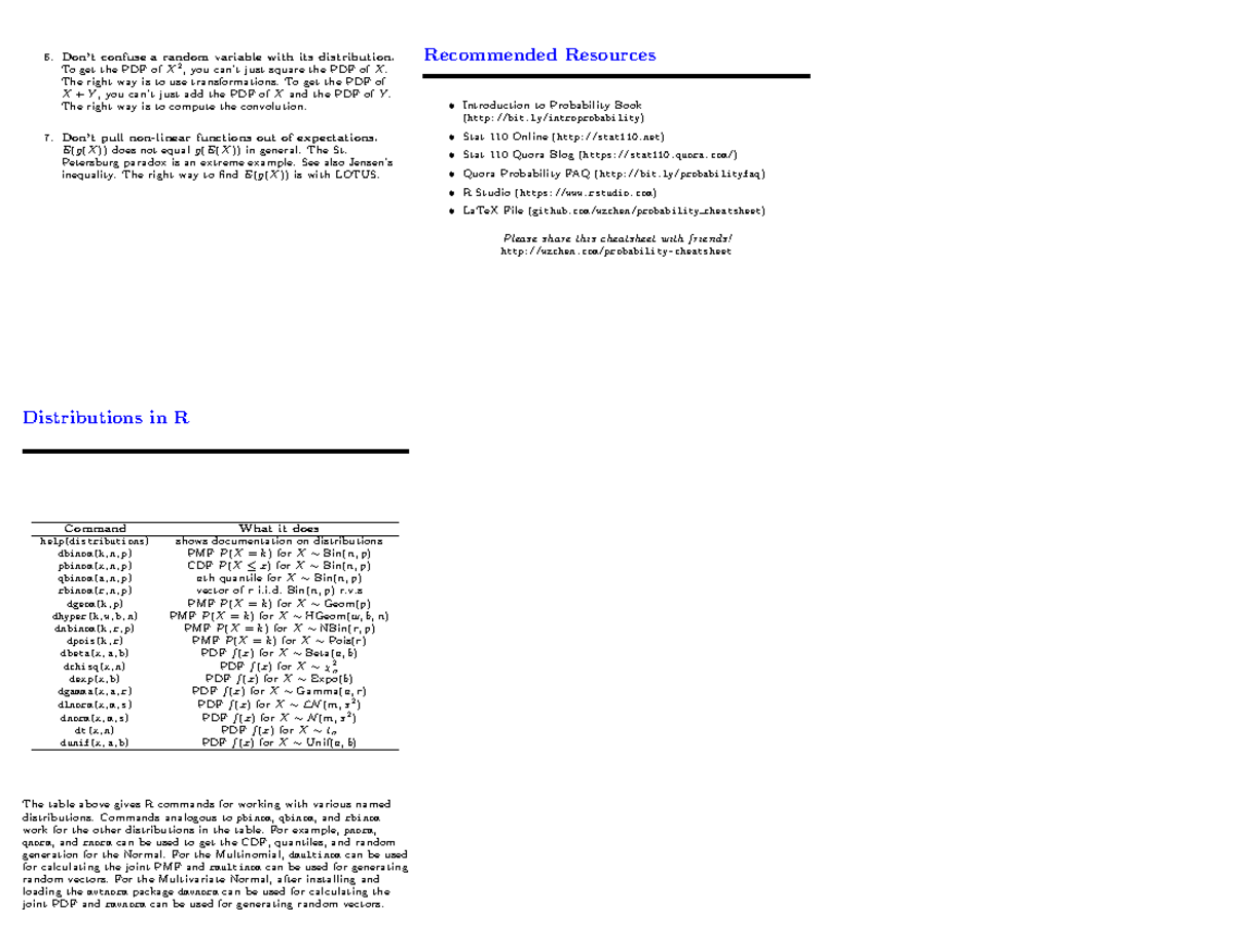 Probability Cheatsheet 9-end - 6. Don’t confuse a random variable with ...