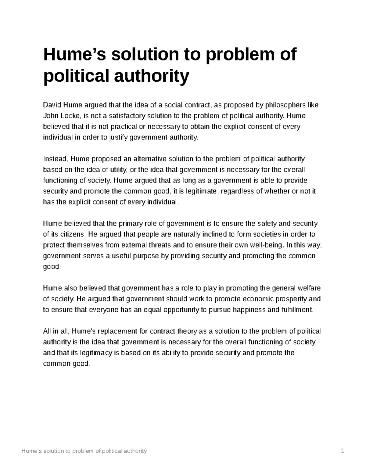 Humes solution to problem of political authority - Hume believed that ...